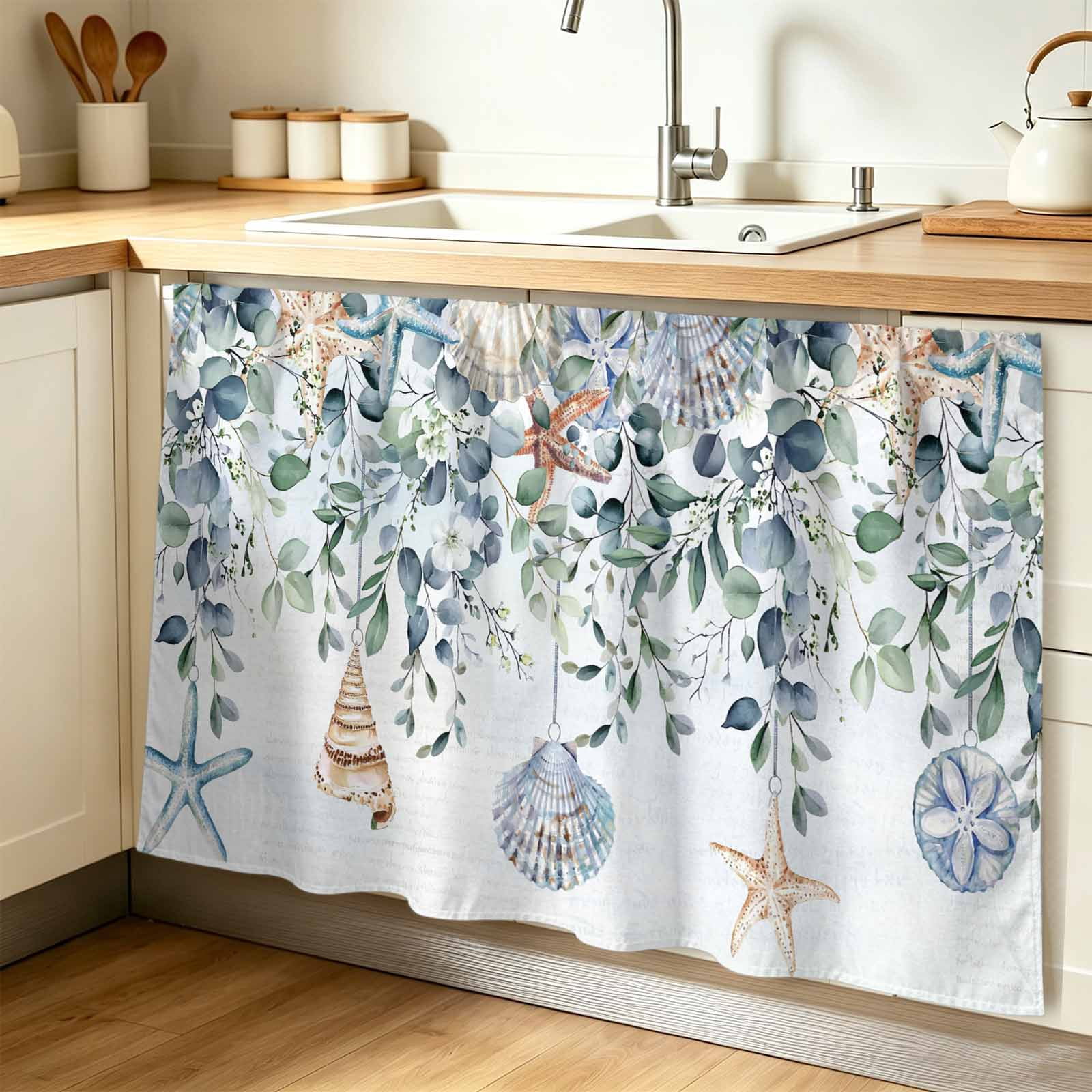 Blue Coastal Cabinet Curtain 32"Wx55"L,Dustproof Pantry Door Curtain ...