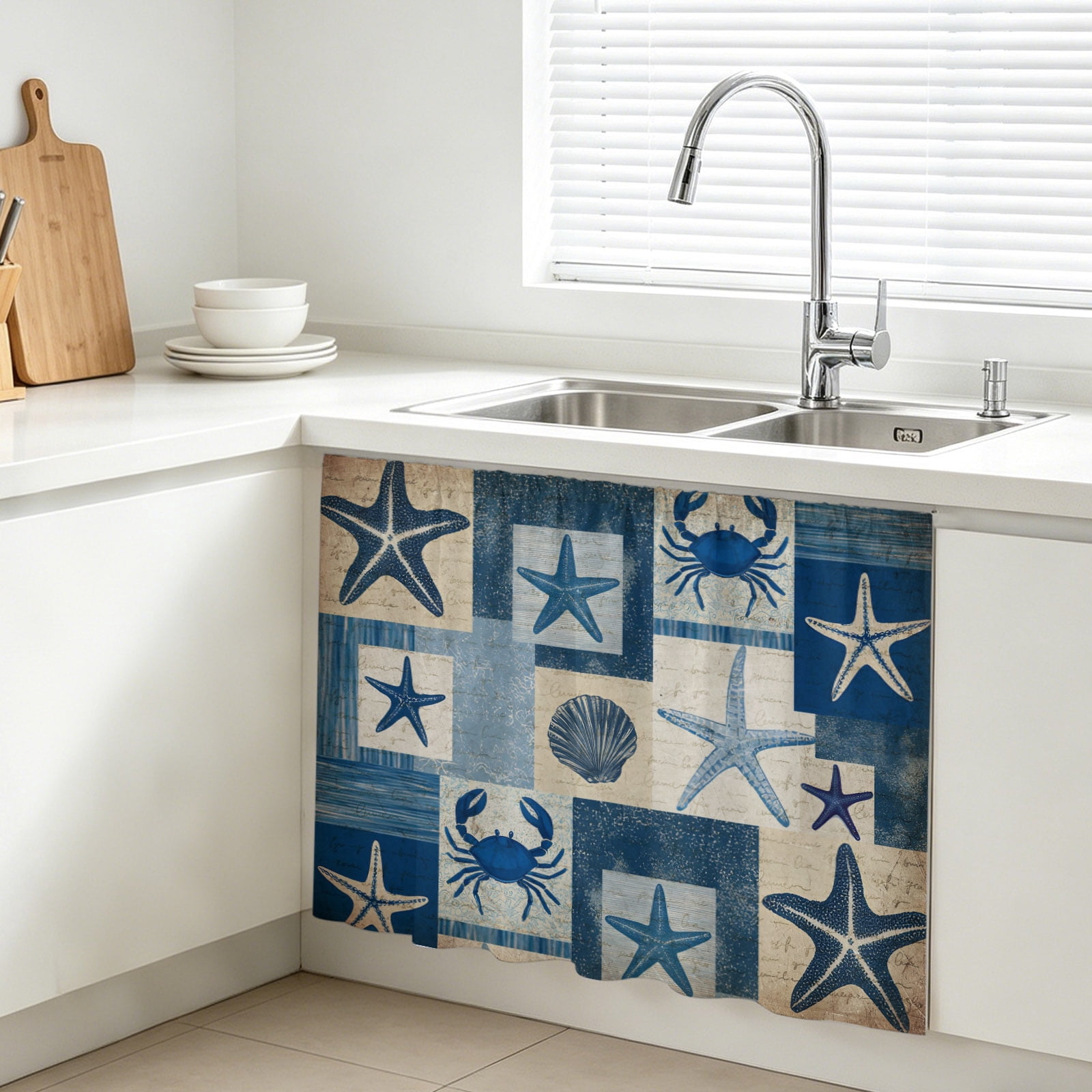 Blue Coastal Cabinet Curtain, Summer Ocean Shell Crab Retro Ocean Sink ...