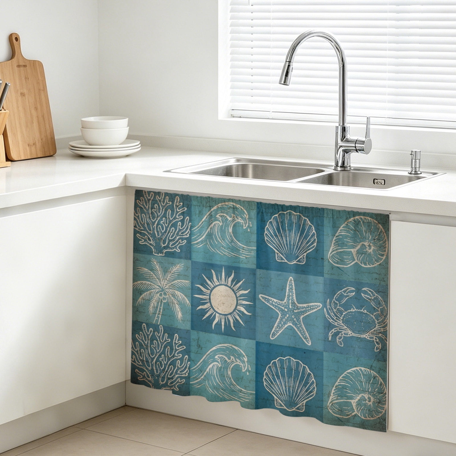 Blue Coastal Cabinet Curtain, Summer Ocean Waves Shell Crab Coconut ...