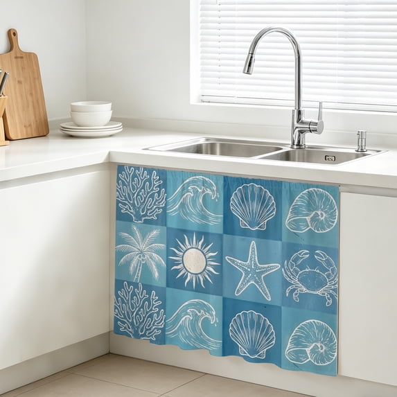 Blue Coastal Cabinet Curtain, Summer Ocean Waves Shell Crab Coconut ...