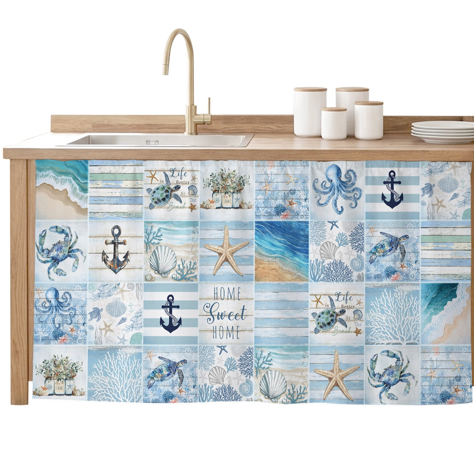 Blue Coastal Cabinet Curtains 32"W x 55"L,Dustproof Sink Skirt Curtain ...