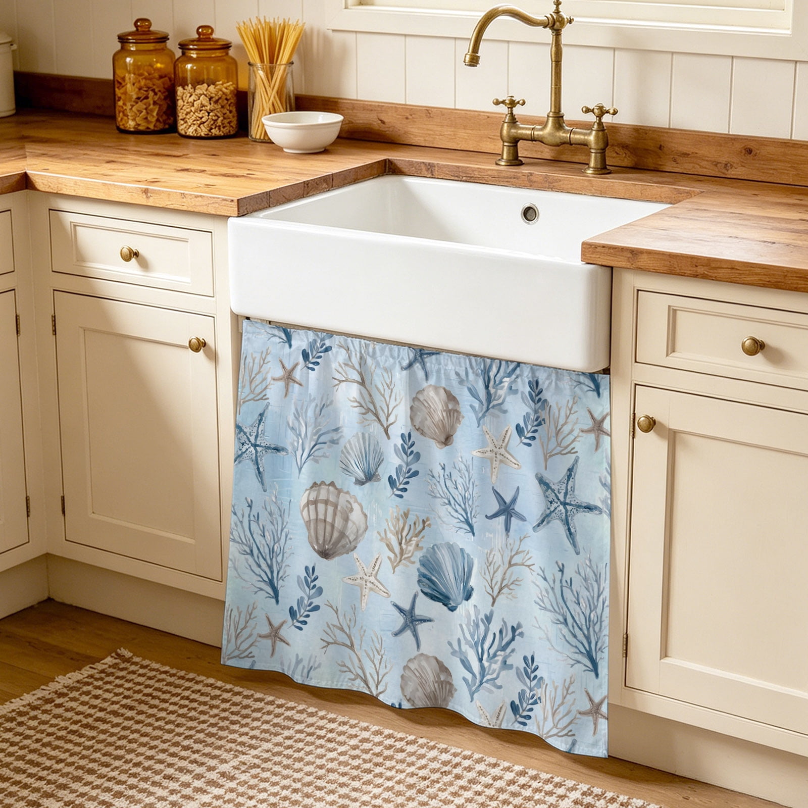 Blue Coastal Cabinet Curtains 35"W x 35"L, Country Nautical Starfish ...