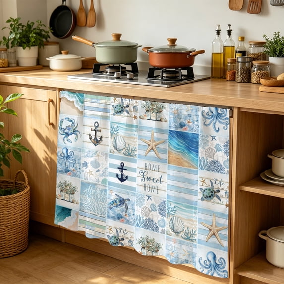 Blue Coastal Cabinet Curtains 35''x35'', Turtle Nautical Anchor Octopus ...