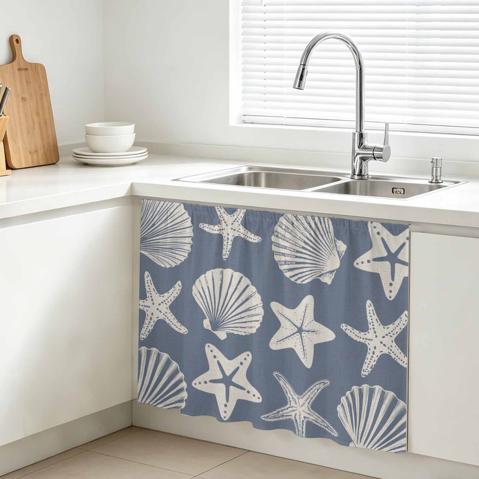 Blue Coastal Cabinet Curtains for Kitchen 11"W x 13"L, Starfish Shell ...