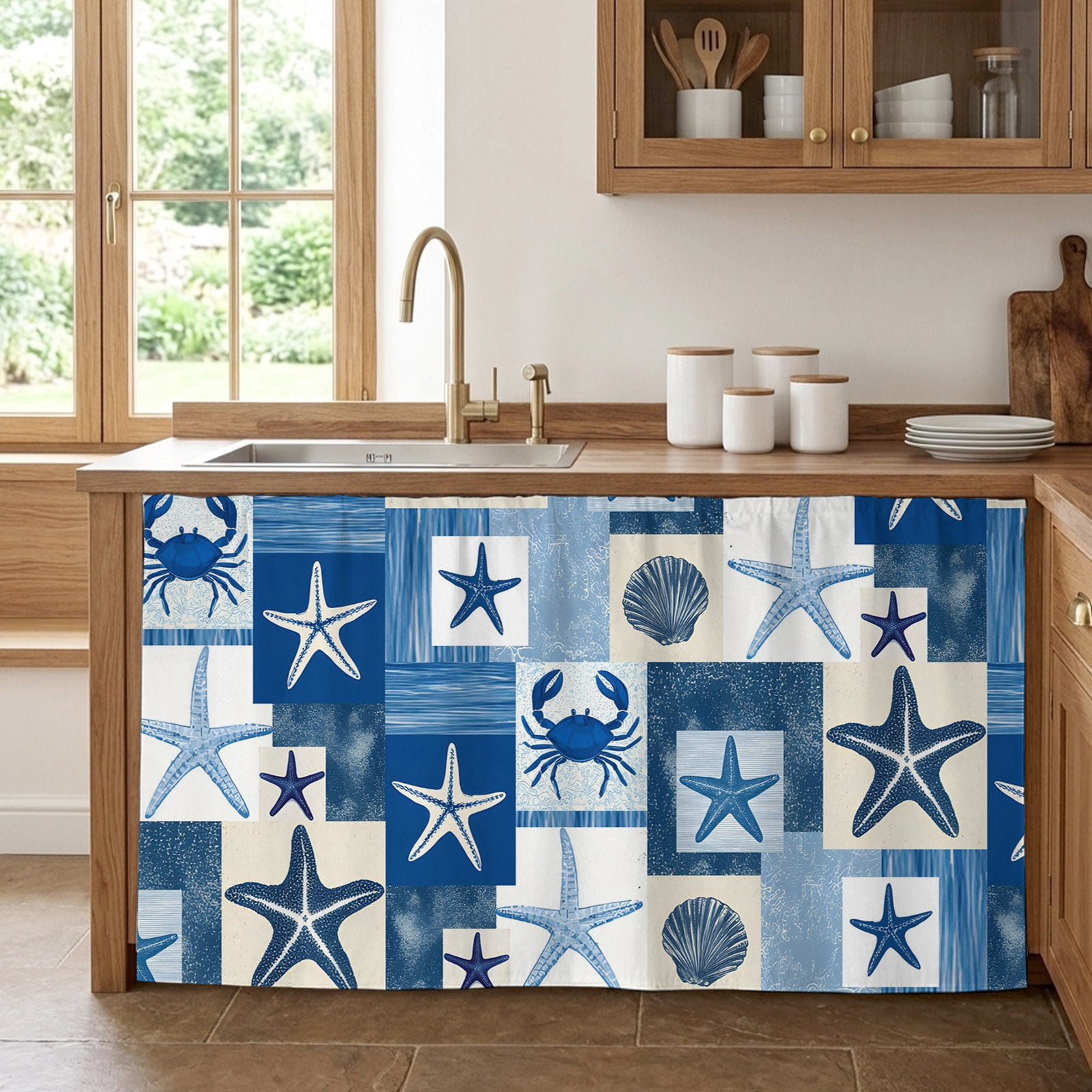 Blue Coastal Cabinet Curtains for Kitchen 32"W x 55"L, Summer Ocean ...