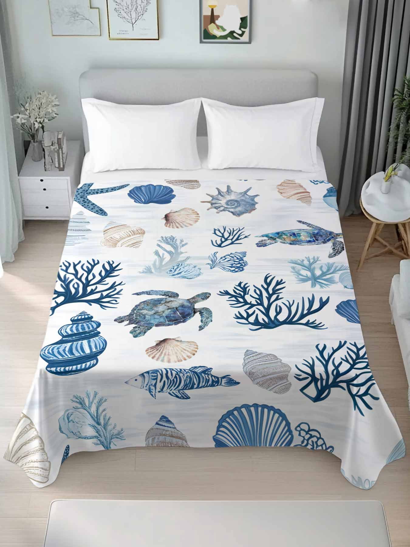 Blue Coastal California King Size Flat Sheet, Wrinkleproof & Fadeproof ...