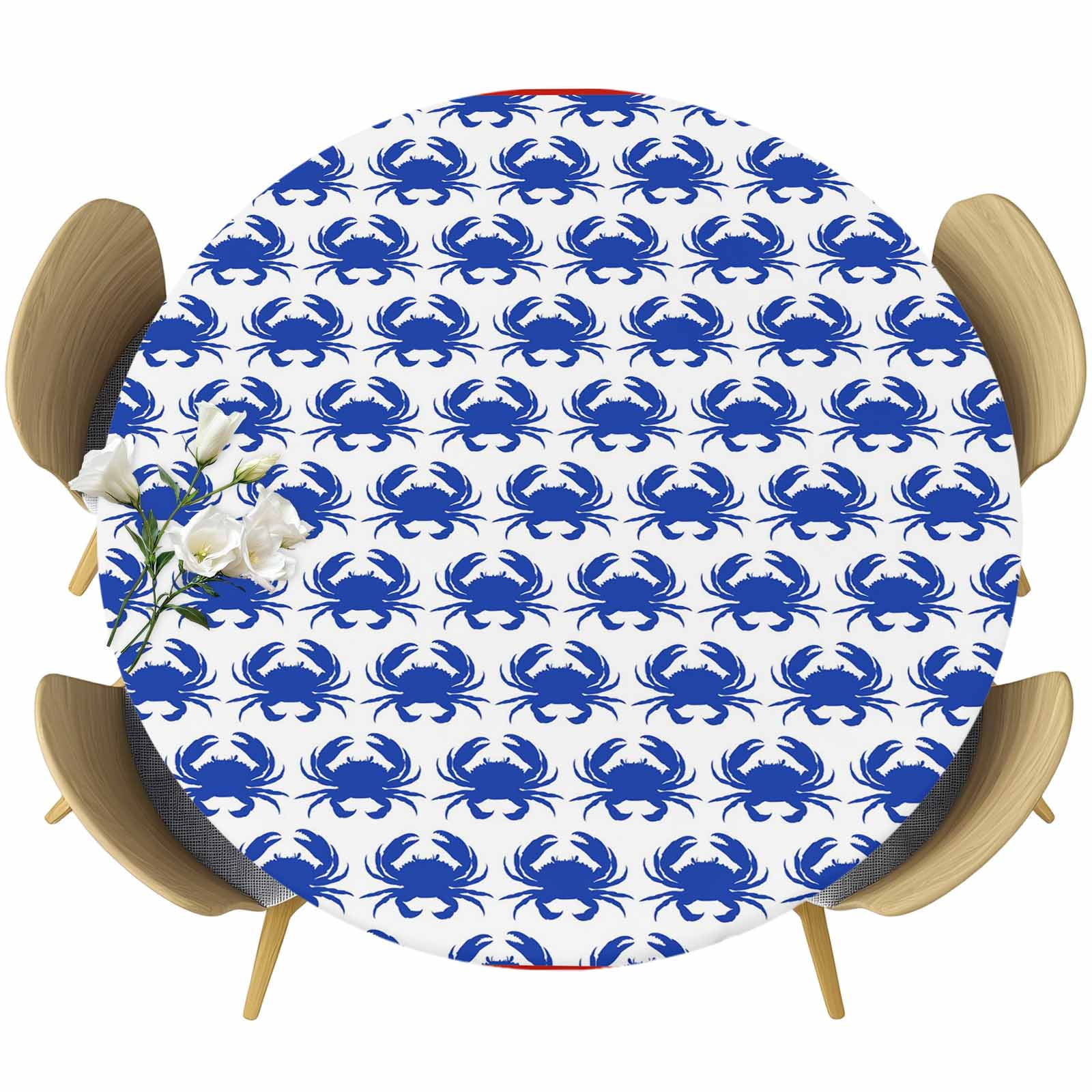 Blue Coastal Carb Round Tablecloth, Fitted Table Cover with Elastic for ...