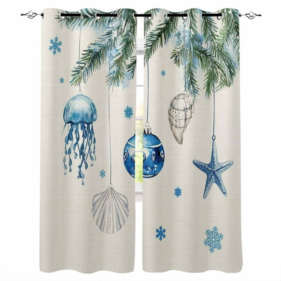 Blue Coastal Christmas Blackout Curtains 63 Inches Long, Xmas Botanical ...