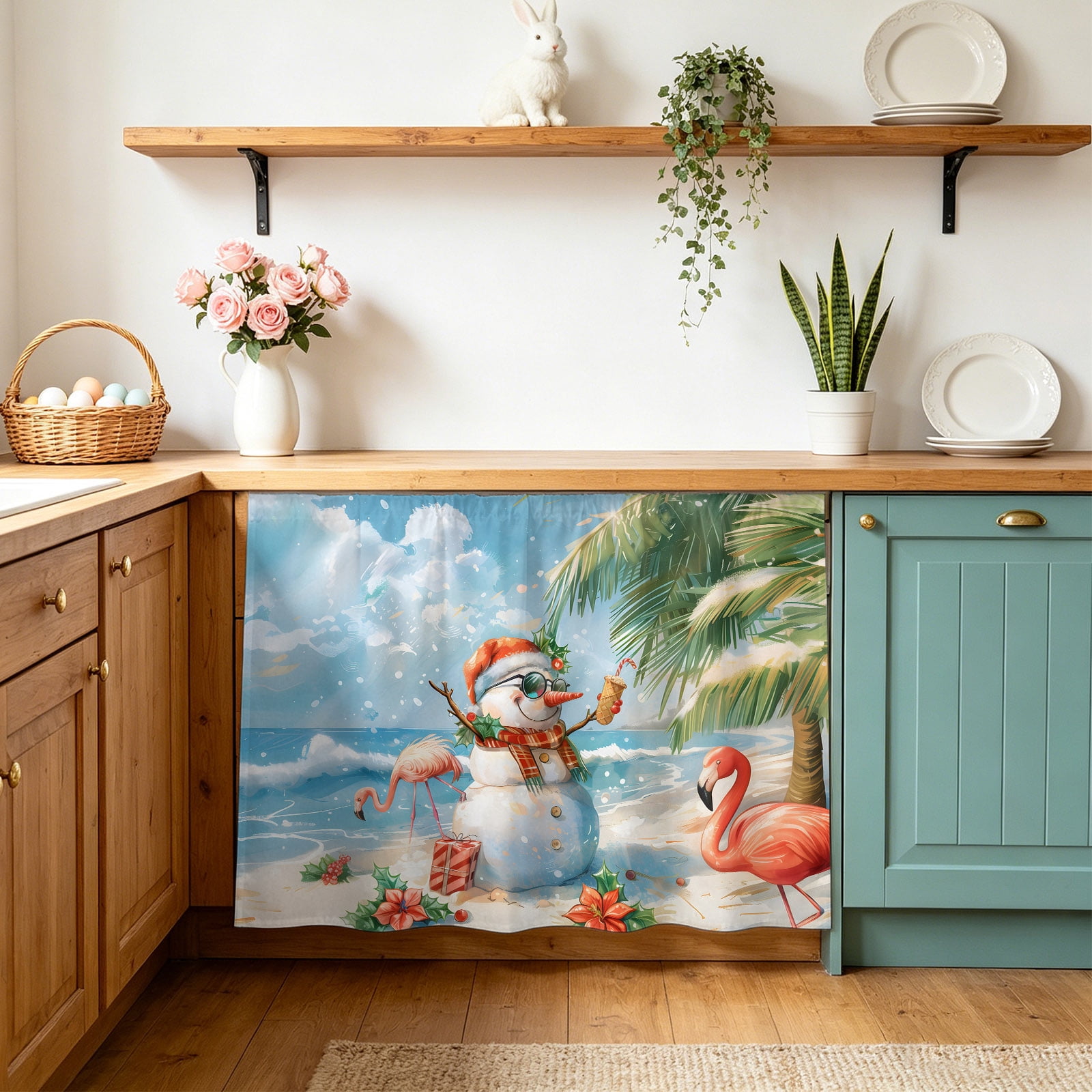 Blue Coastal Christmas Cabinet Curtain 28"Wx35"L, Dustproof Under Sink ...