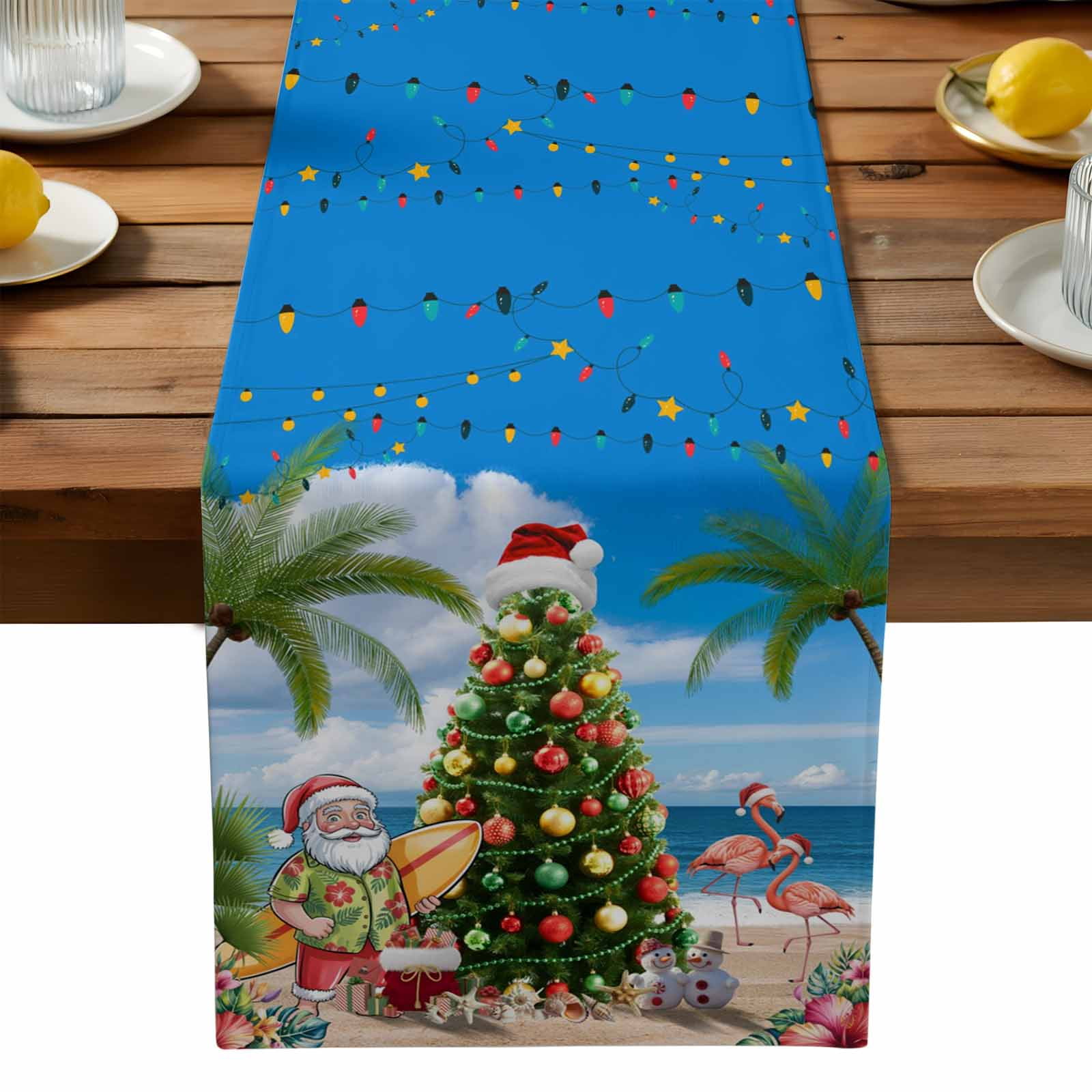 Blue Coastal Christmas Cotton Linen Table Runner for Dining Kitchen ...