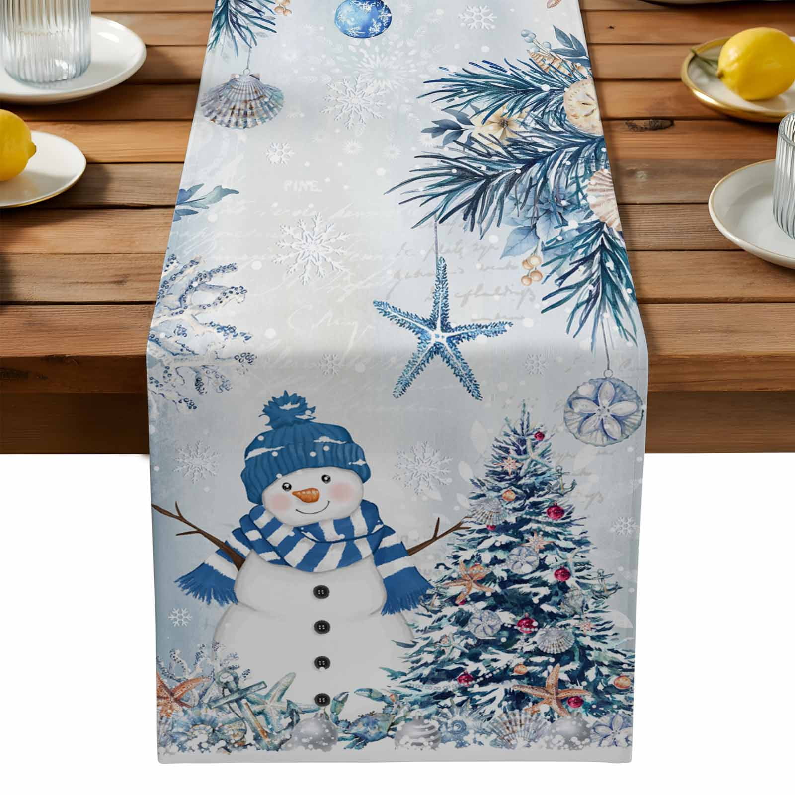 Blue Coastal Christmas Cotton Linen Table Runner for Dining Kitchen ...