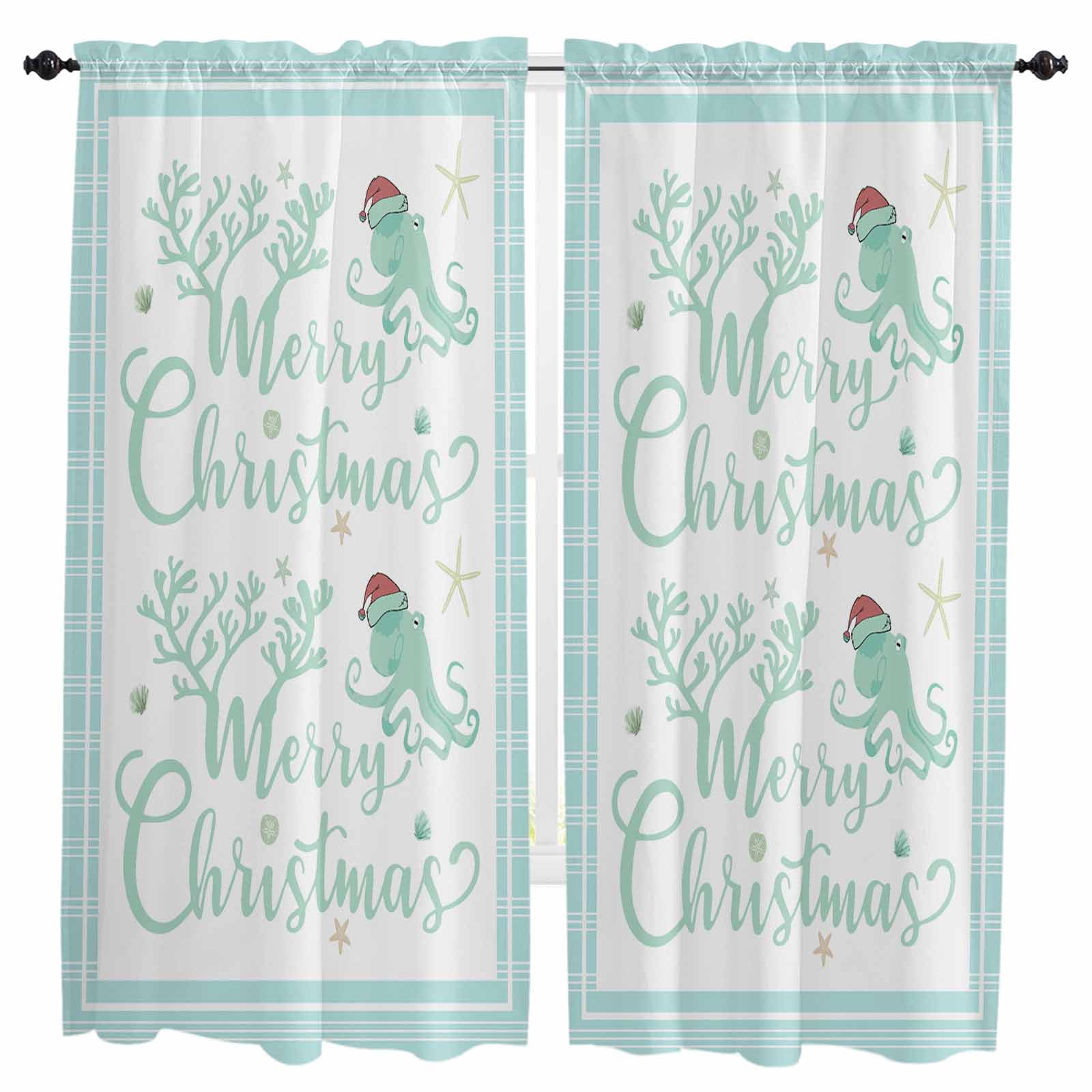 Blue Coastal Christmas Kitchen Curtain 2 Panels Curtains 72 Inch Length ...