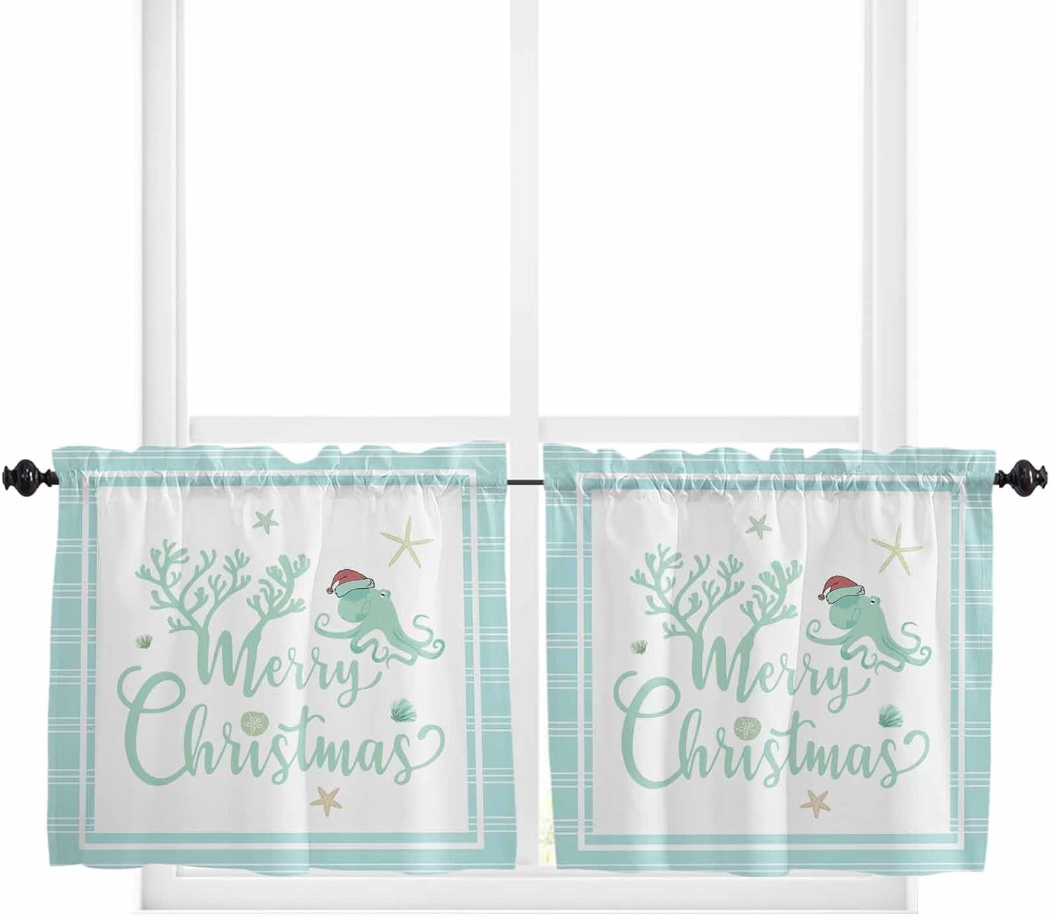 Blue Coastal Christmas Kitchen Curtain 2 Panels Tiers Curtains 36 Inch ...
