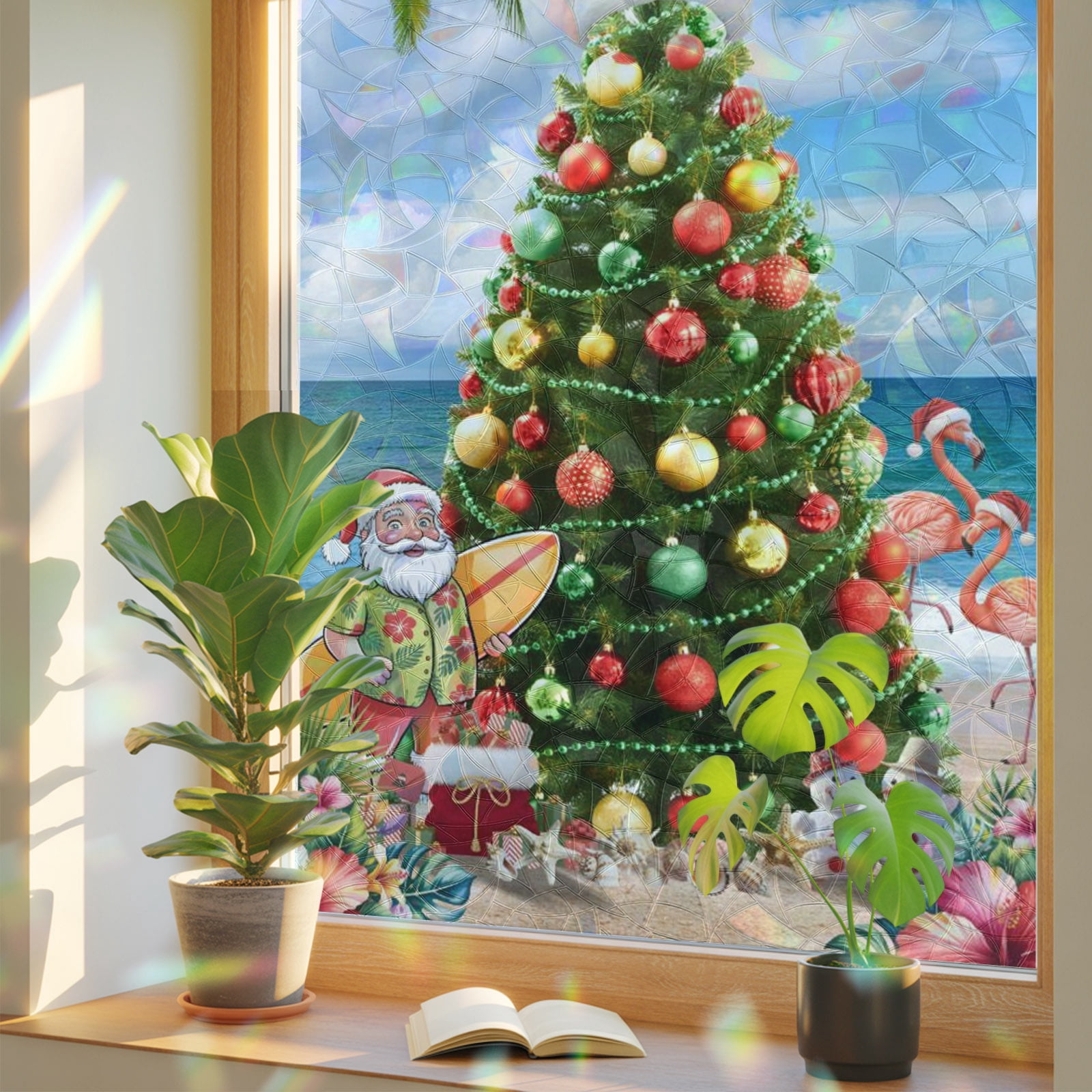 Blue Coastal Christmas Privacy Window Film, Decorative Stained Glass ...