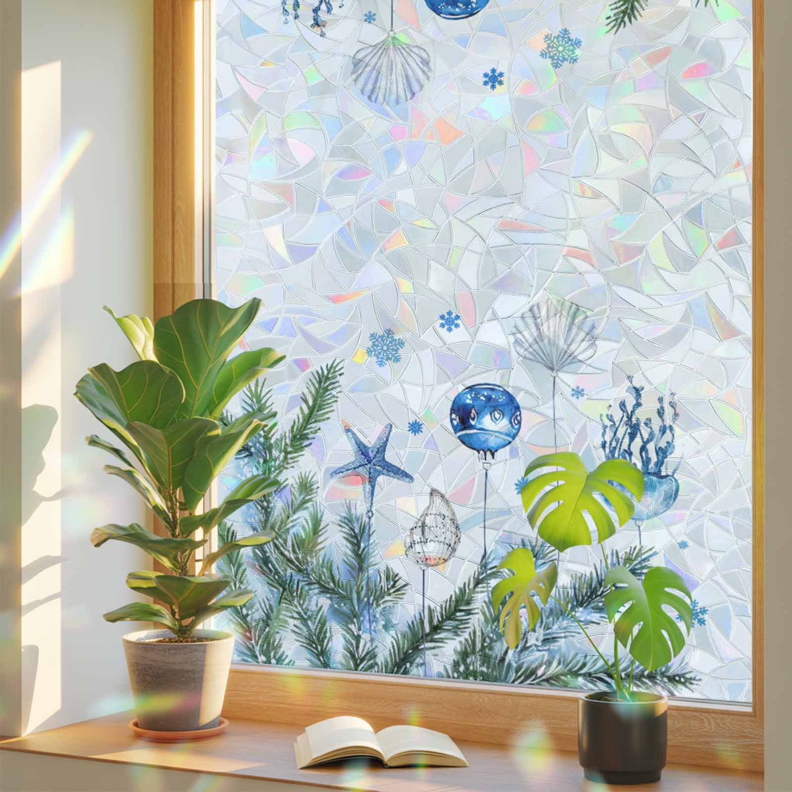 Blue Coastal Christmas Privacy Window Film,Decorative Stained Glass ...