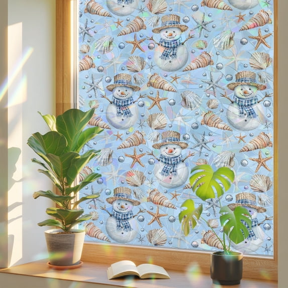 Blue Coastal Christmas Privacy Window Film, Decorative Stained Glass ...