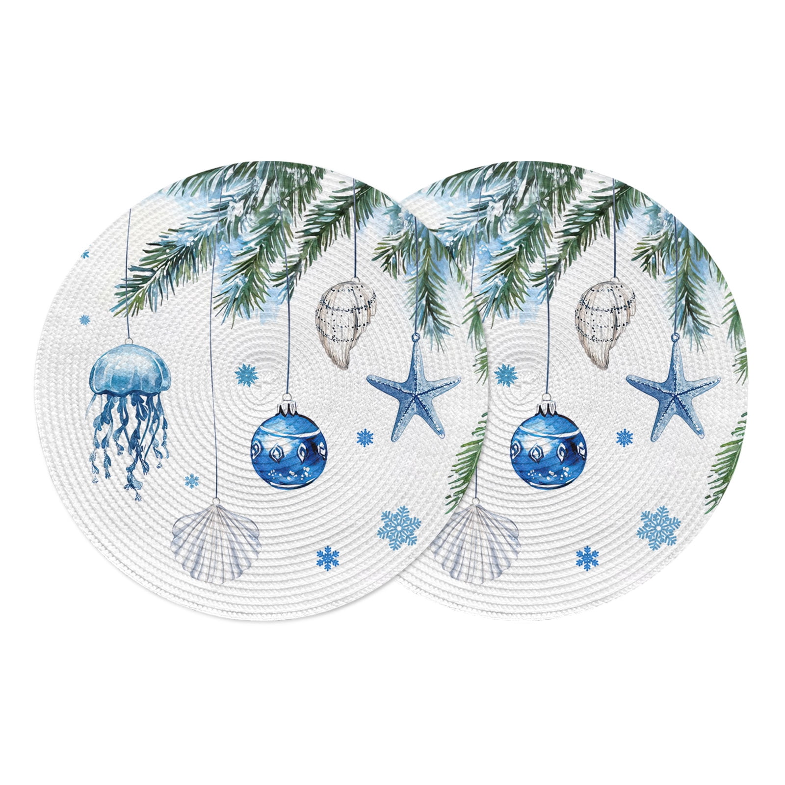 Blue Coastal Christmas Round Placemats Set of 2,Braided Polypropylene ...