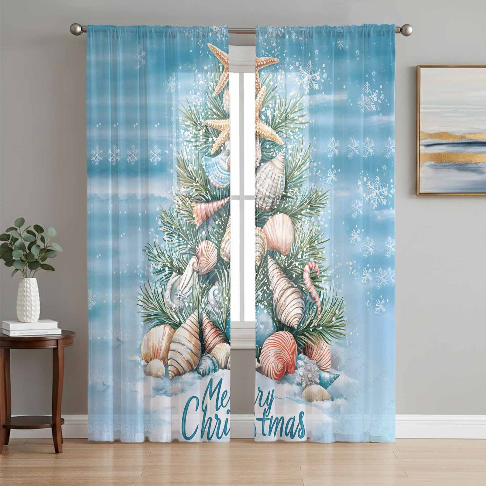 Blue Coastal Christmas Semi Sheer Curtains 84 Inch Length 2 Panels Set ...