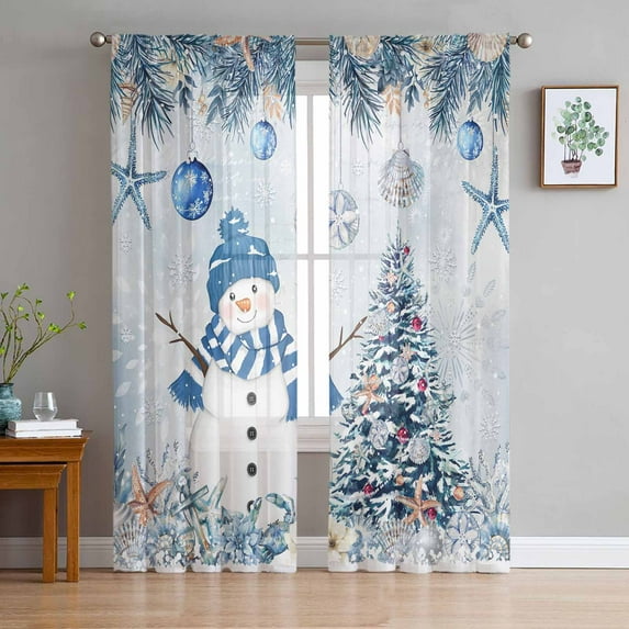 Blue Coastal Christmas Sheer Curtains 96 Inch Length 2 Panels Set for ...