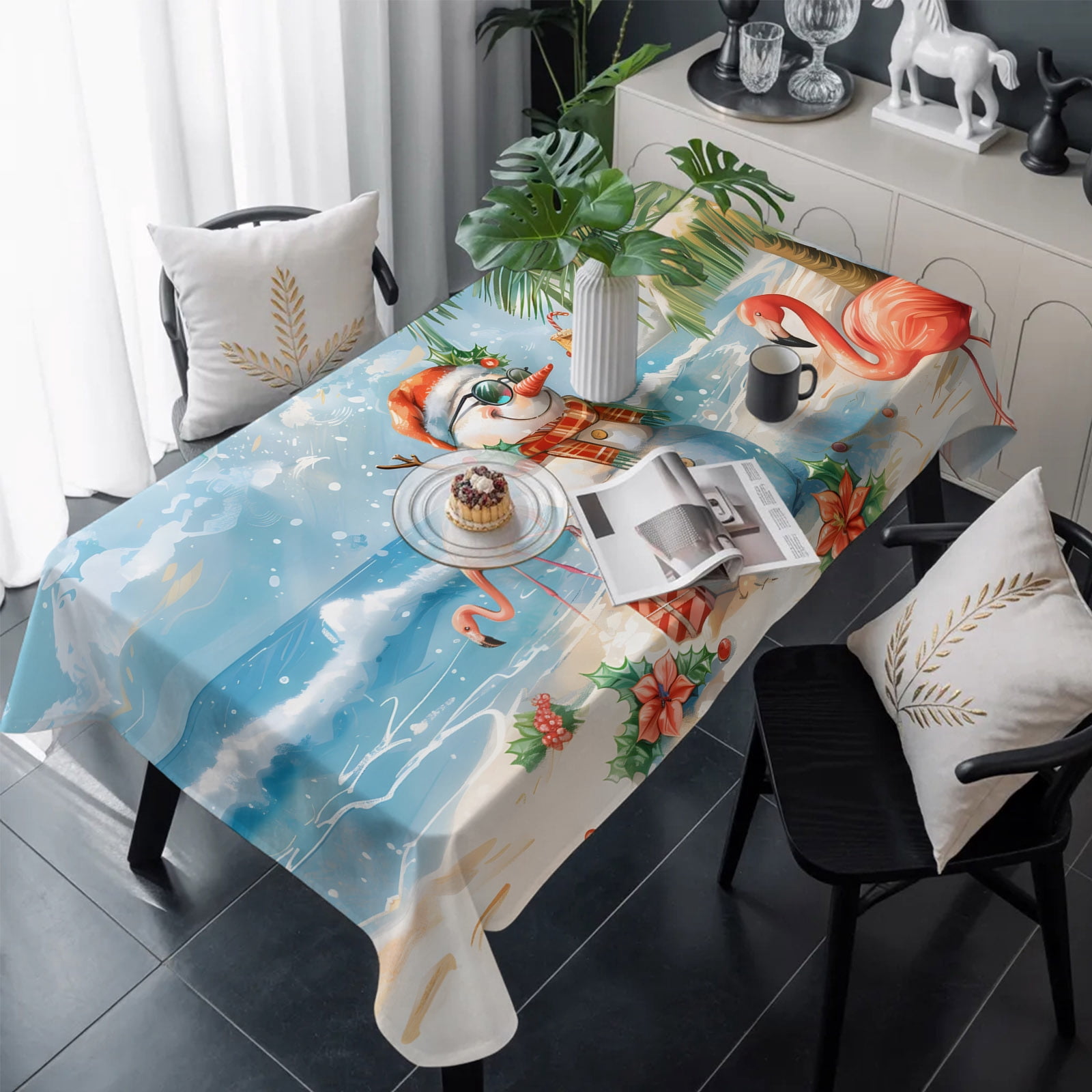 Blue Coastal Christmas Table Cloth Waterproof Tablecloths, Xmas Snowman ...