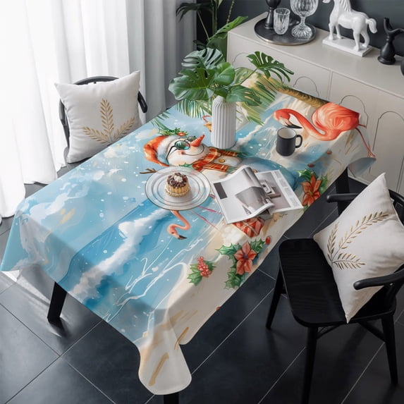 Blue Coastal Christmas Table Cloth Waterproof Tablecloths, Xmas Snowman ...