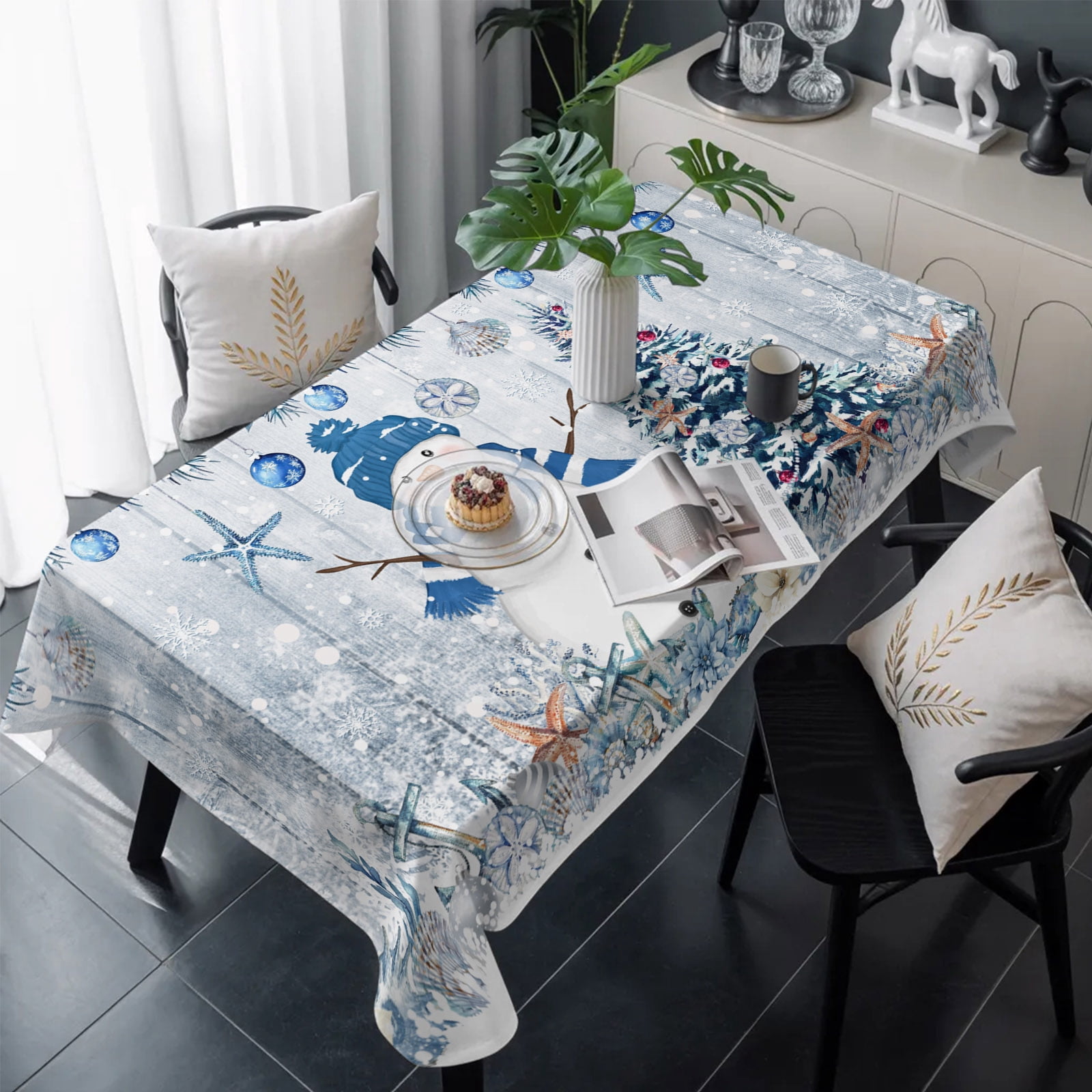 Blue Coastal Christmas Table Cloth Waterproof Tablecloths, Xmas Tree ...