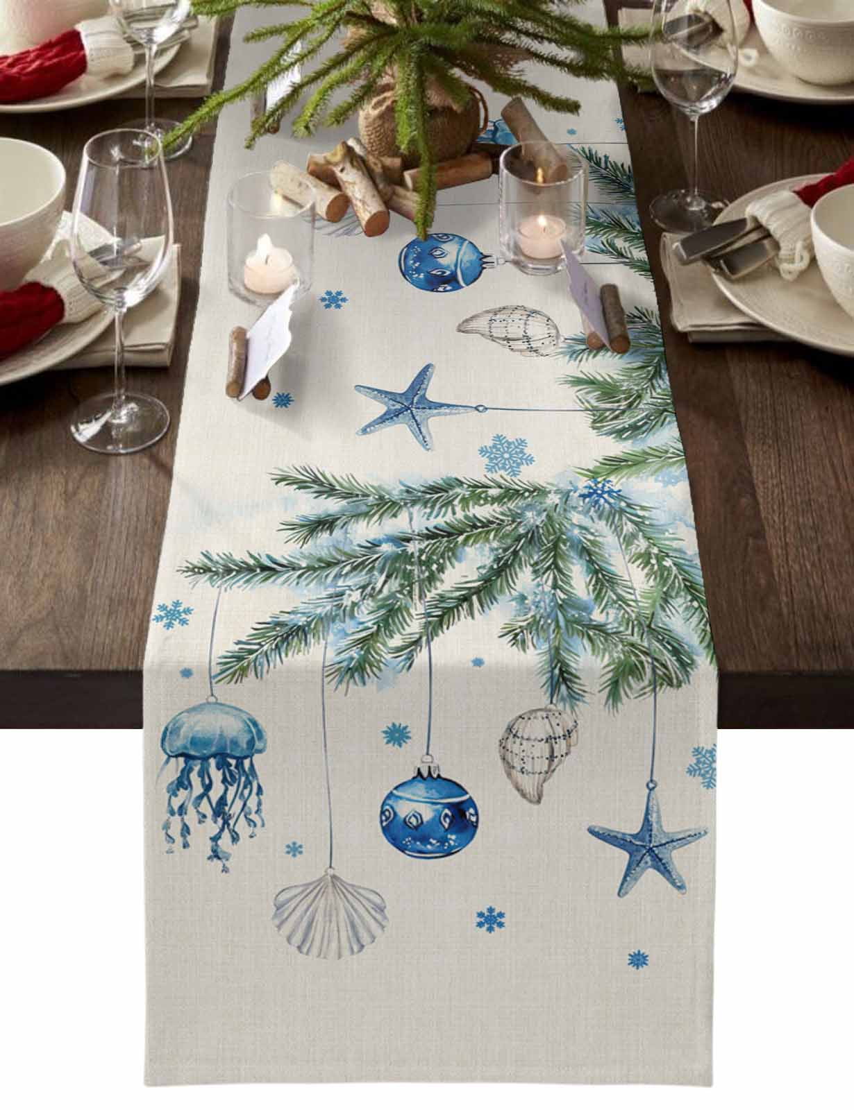 Blue Coastal Christmas Table Runner-Cotton Linen- 72 Inch Holiday ...