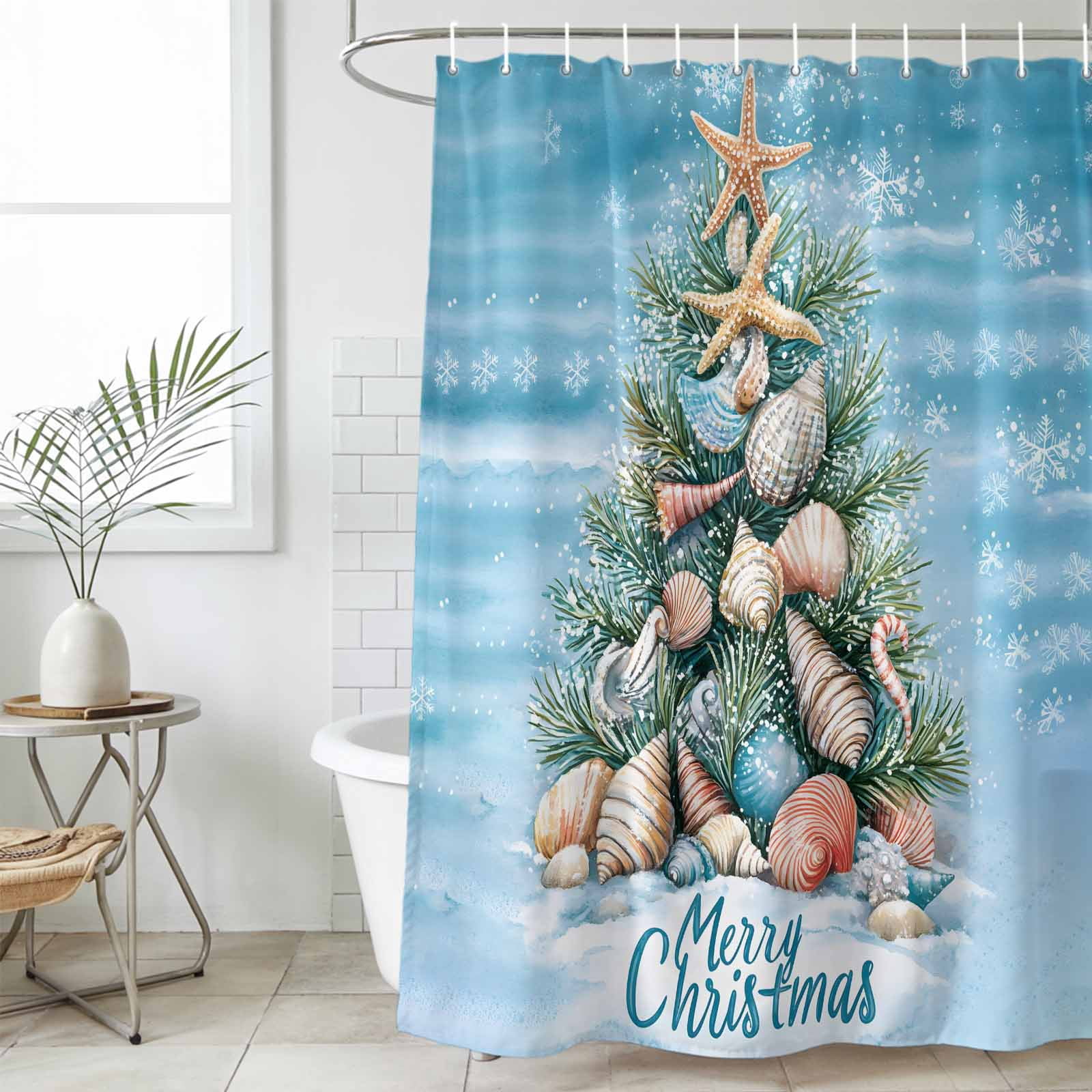 Blue Coastal Christmas Waterproof Fabric Shower Curtain,Nautical Summer ...