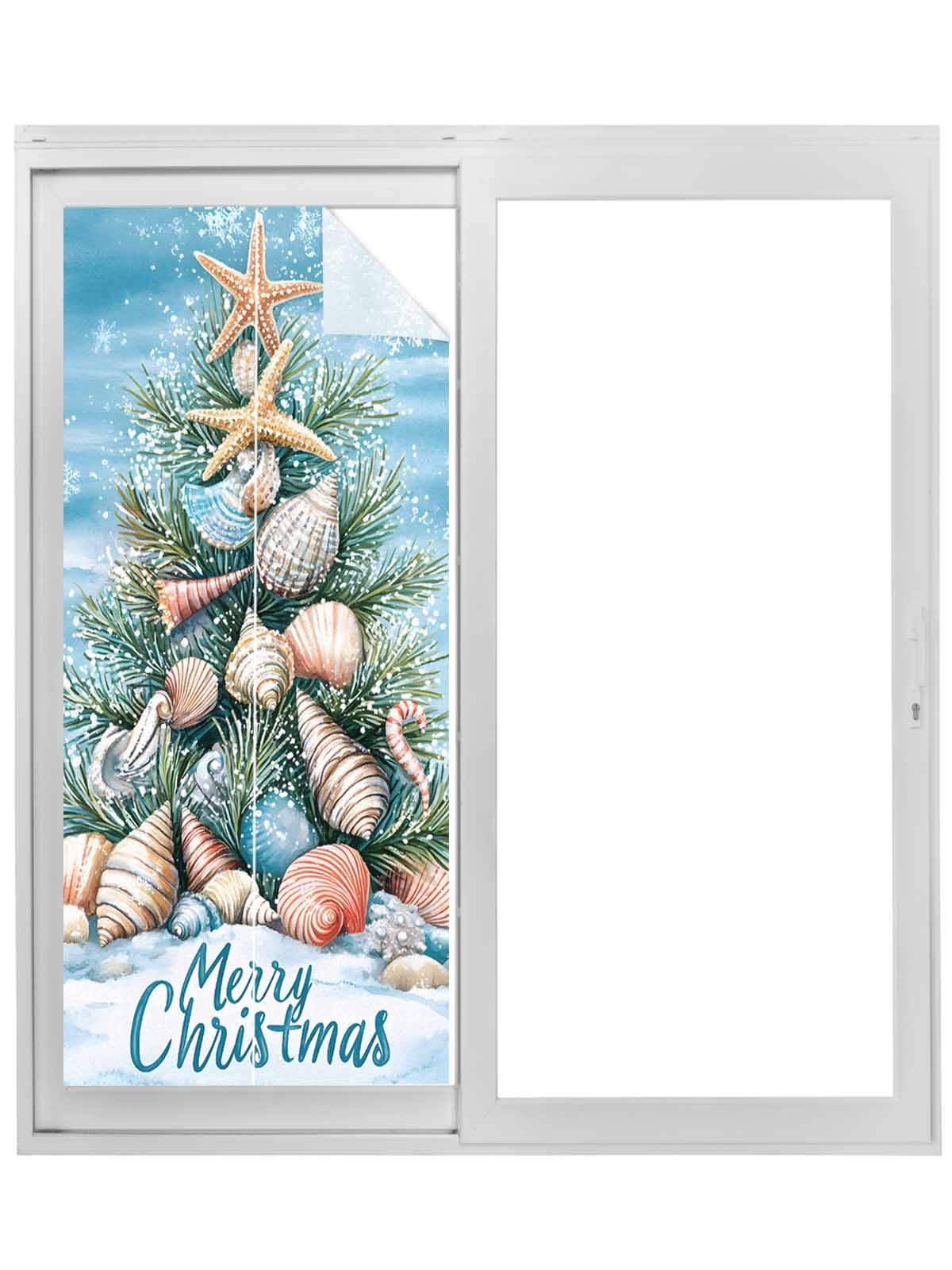 Blue Coastal Christmas Window Privacy Film, Nautical Summer Beach Shell ...