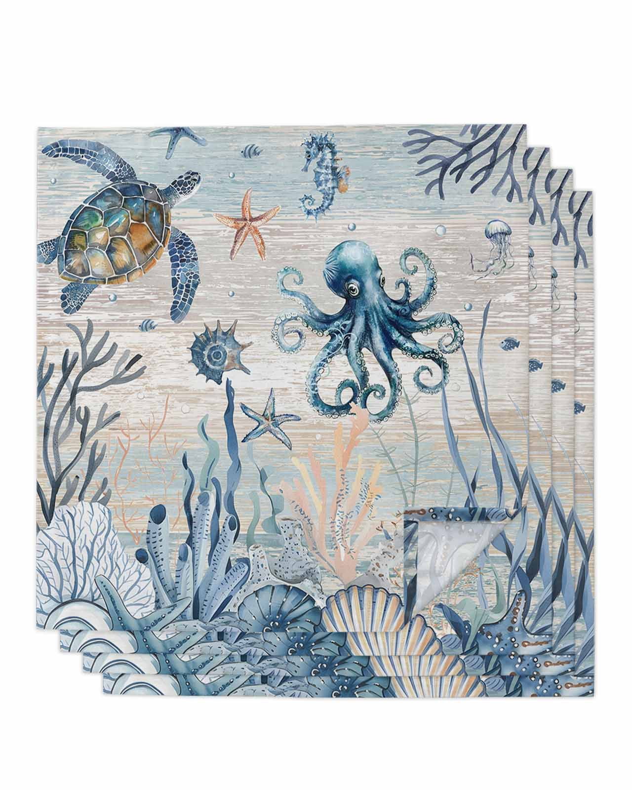 Blue Coastal Cloth Napkins Set of 4 Reusable Dinner Napkins, Sea Turtle ...
