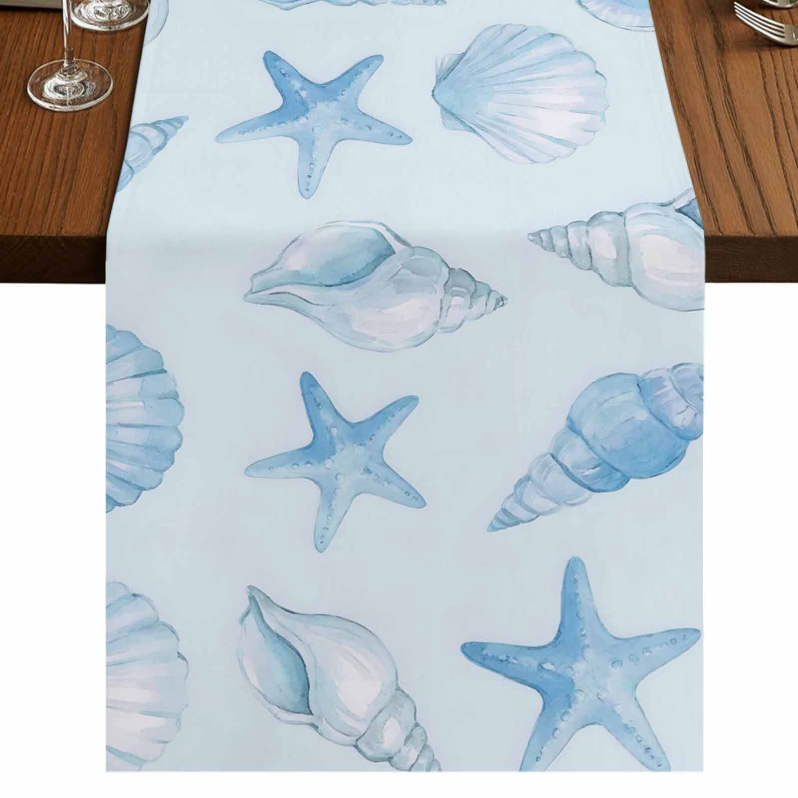 Blue Coastal Conch Burlap Cotton Table Runner 13x36 Inches Short ...
