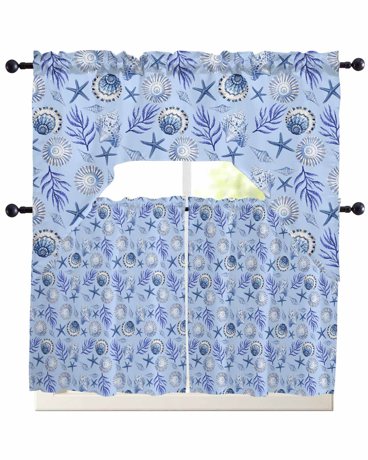Blue Coastal Conch Kitchen Curtains Swag Valance and Tier Curtains Set ...
