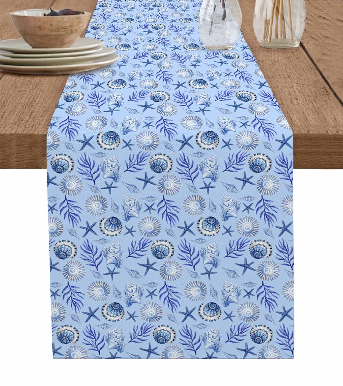 Blue Coastal Conch Table Runner 72 Inches, Summer Ocean Starfish Coral ...