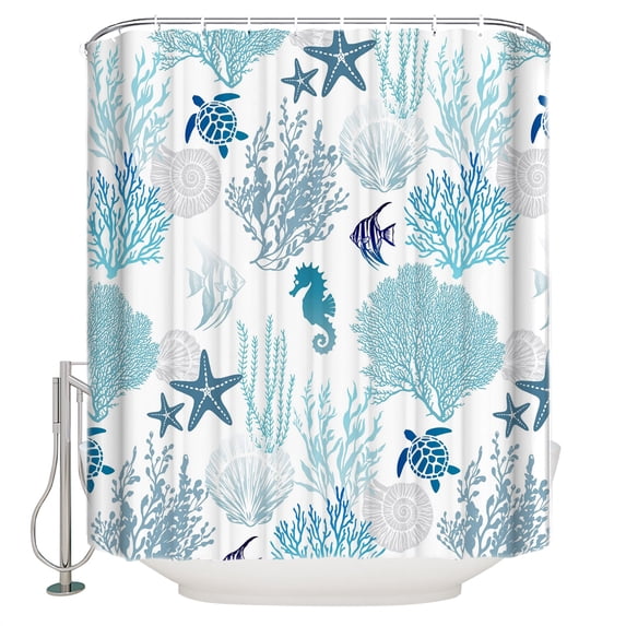 Blue Coastal Coral Bathroom Shower Curtains with 12 Hooks Polyester ...