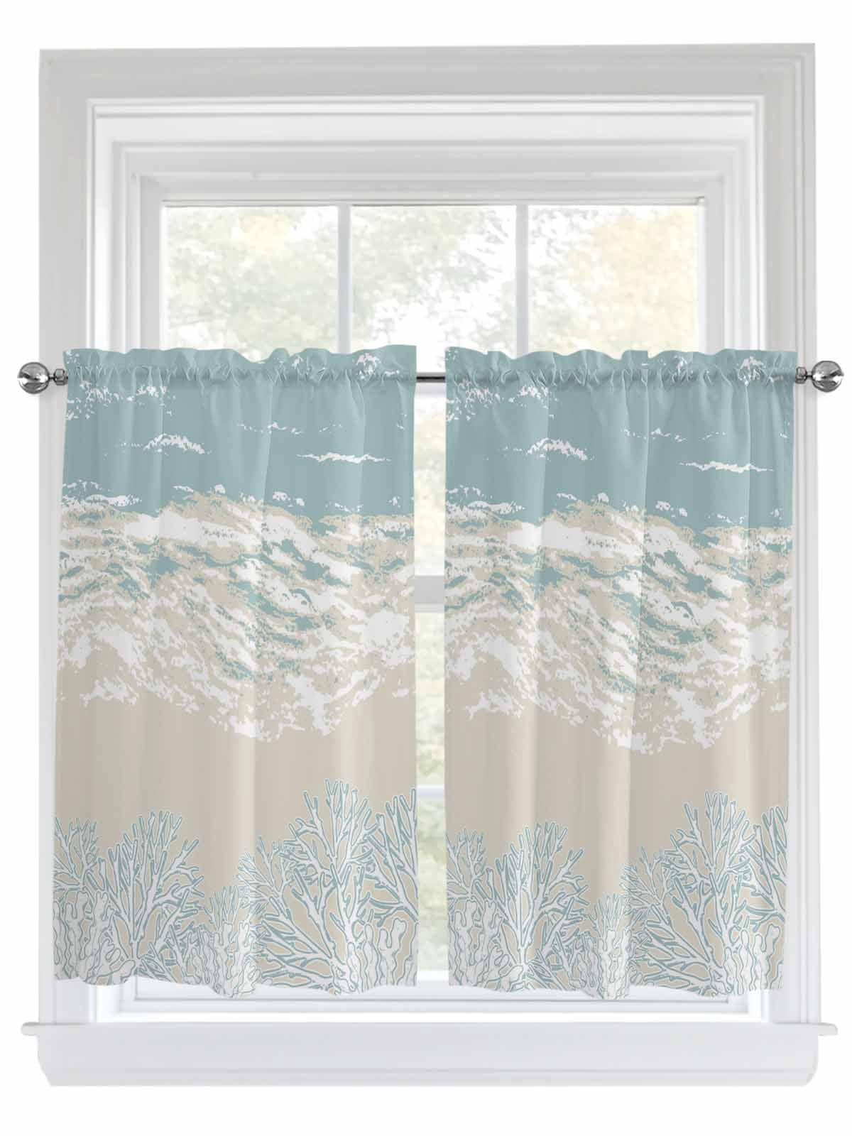 Blue Coastal Coral Bathroom Window Curtain, Summer Beach Ocean Abstract ...