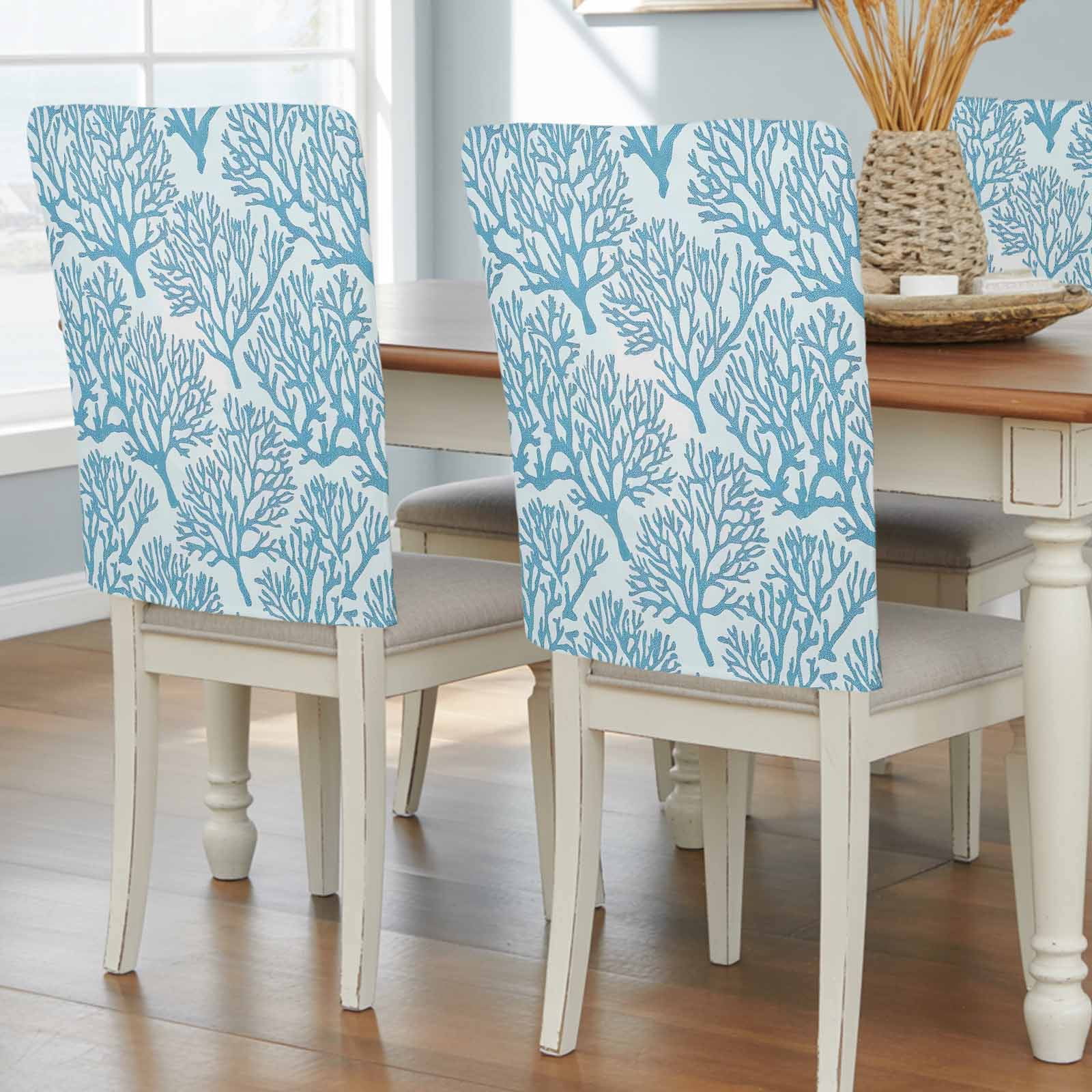Blue Coastal Coral Chair Back Covers, Farmhouse Nautical Marine Plants ...