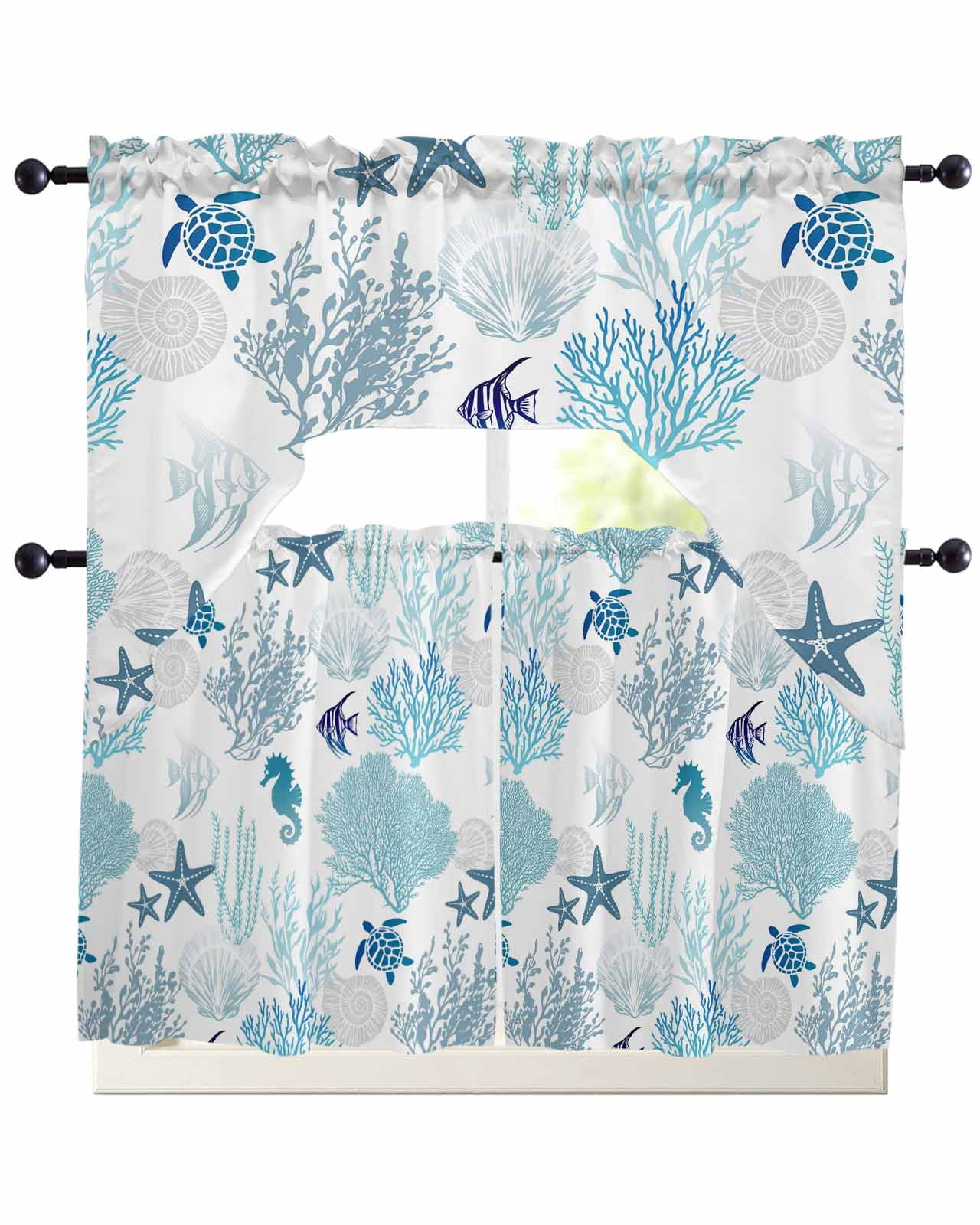Blue Coastal Coral Kitchen Curtains Sets 24 Inch Length with Valance ...
