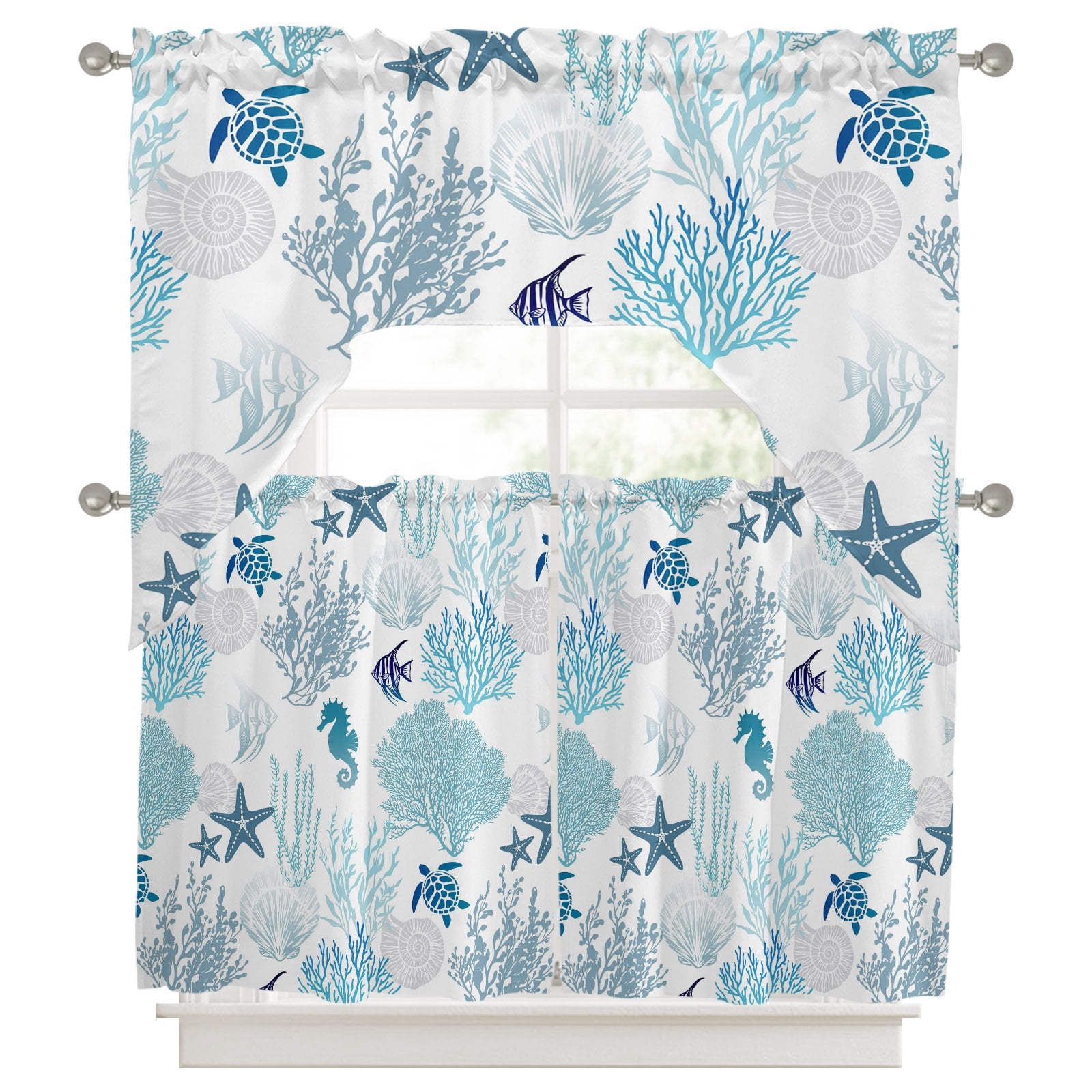 Blue Coastal Coral Kitchen Curtains Swag Valance and Tier Curtains Set ...