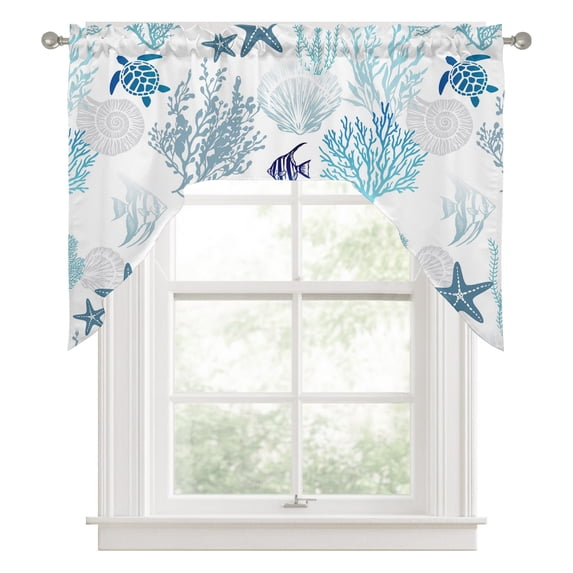 Blue Coastal Coral Kitchen Curtains Swag Valance for Windows/Bathroom ...