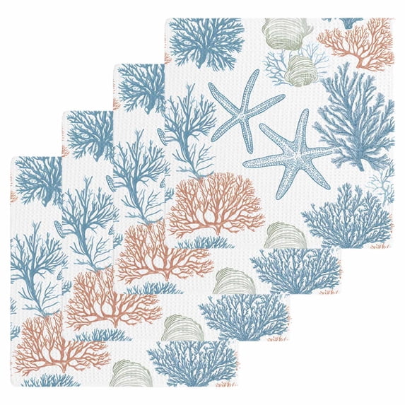 Blue Coastal Coral Kitchen Dish Towels for Drying Dishes Set of 4 ...