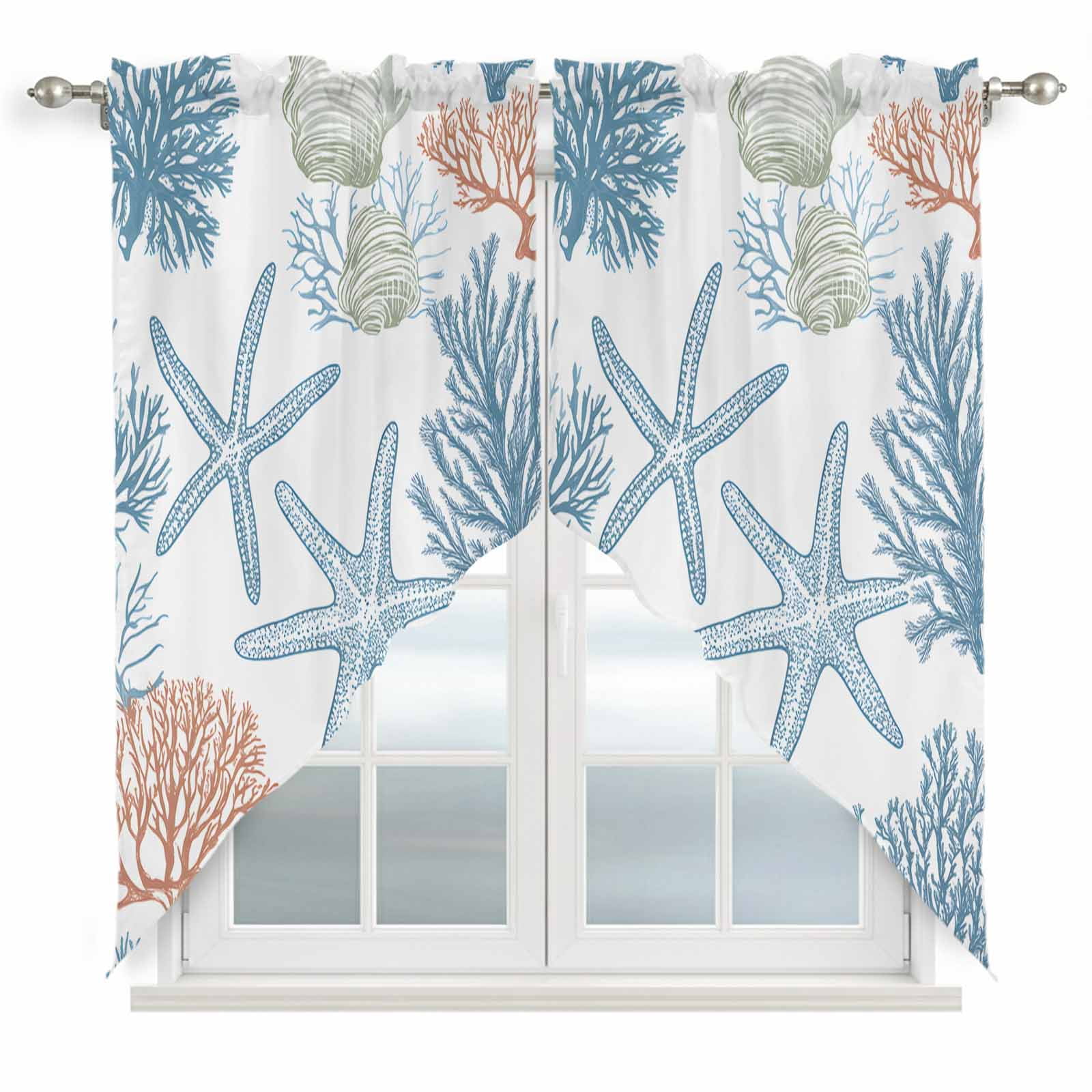 Blue Coastal Coral Kitchen Window Curtains, Swag Curtains Valance for ...