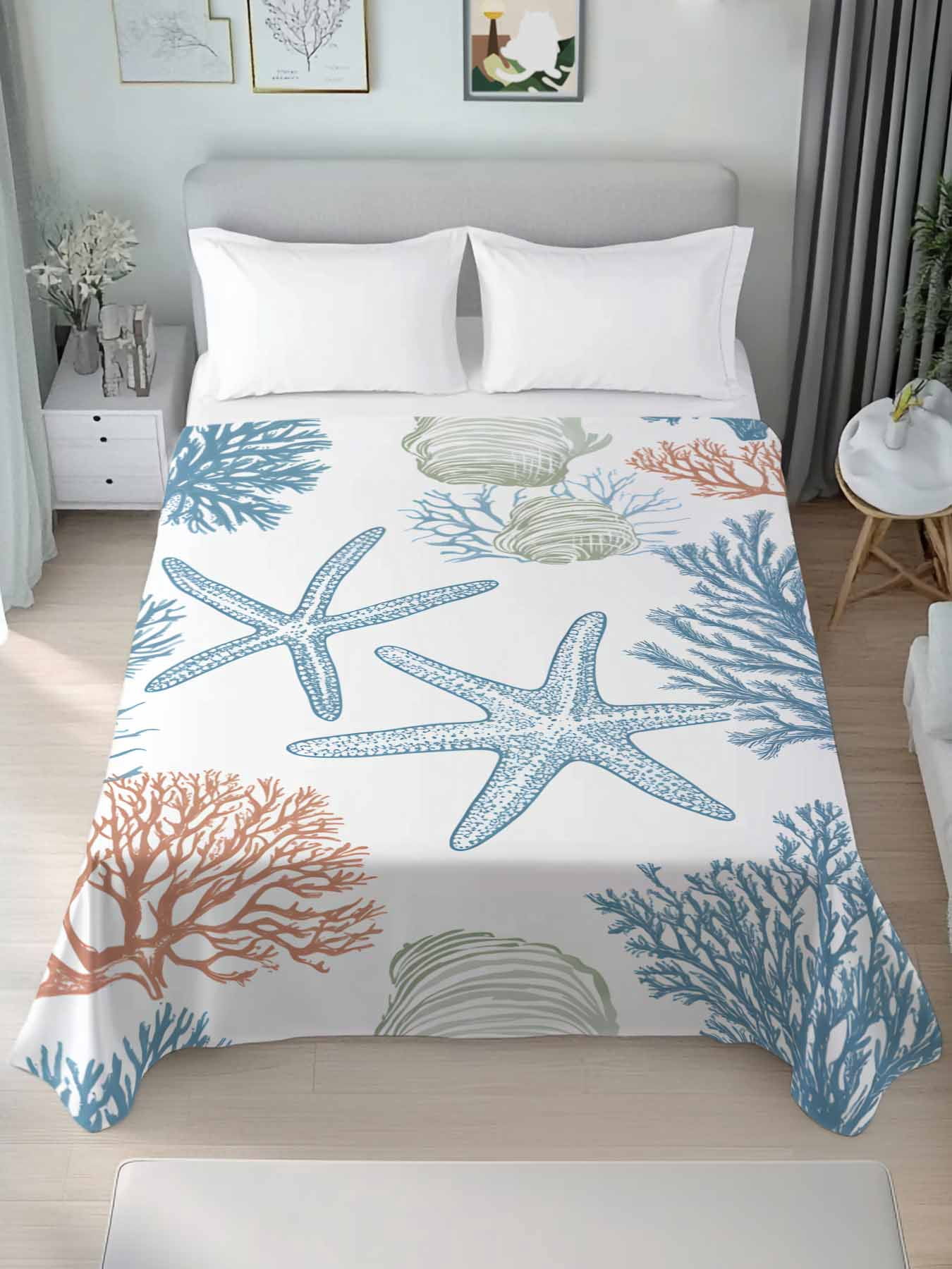 Blue Coastal Coral Queen Size Flat Sheet, Wrinkleproof & Fadeproof ...