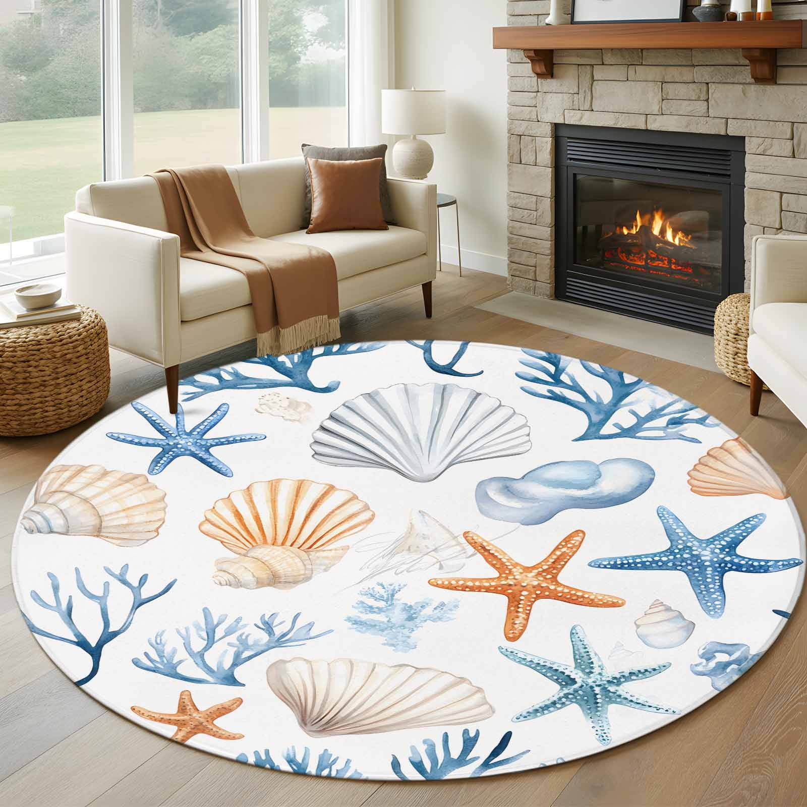 Blue Coastal Coral Round Area Rug 6 FT, Non Slip Bedroom Area Rug ...