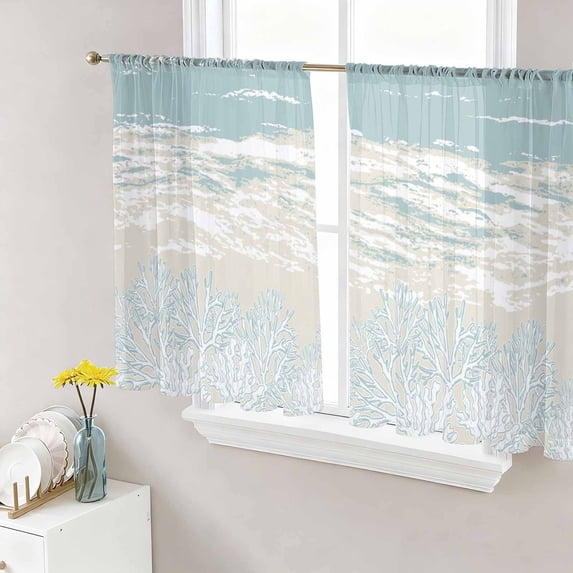 Blue Coastal Coral Sheer Curtains 54 Inch Length 2 Panels Set, Summer ...