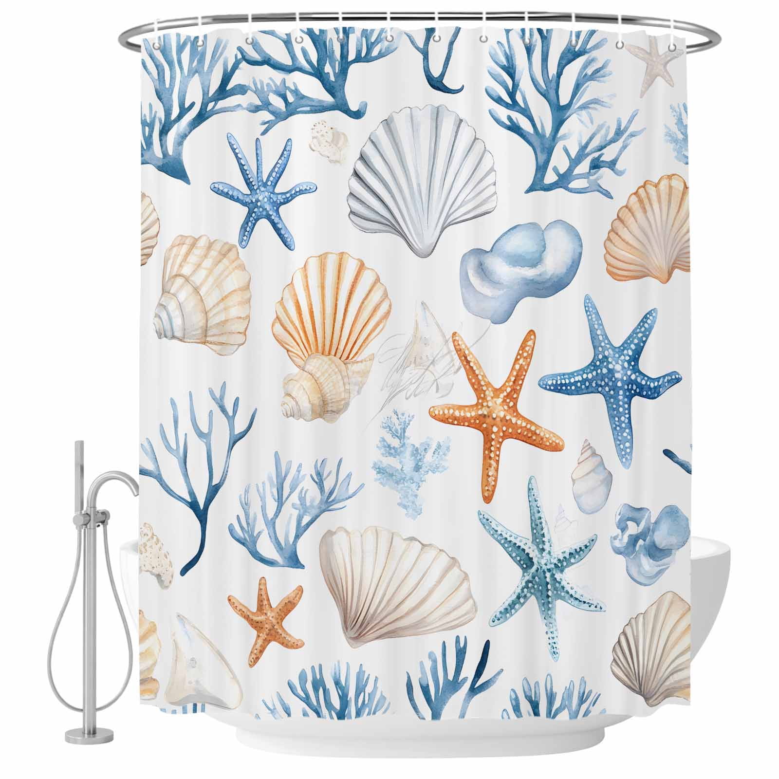 Blue Coastal Coral Shower Curtain Set - 72" x 78" Washable Bathtub ...