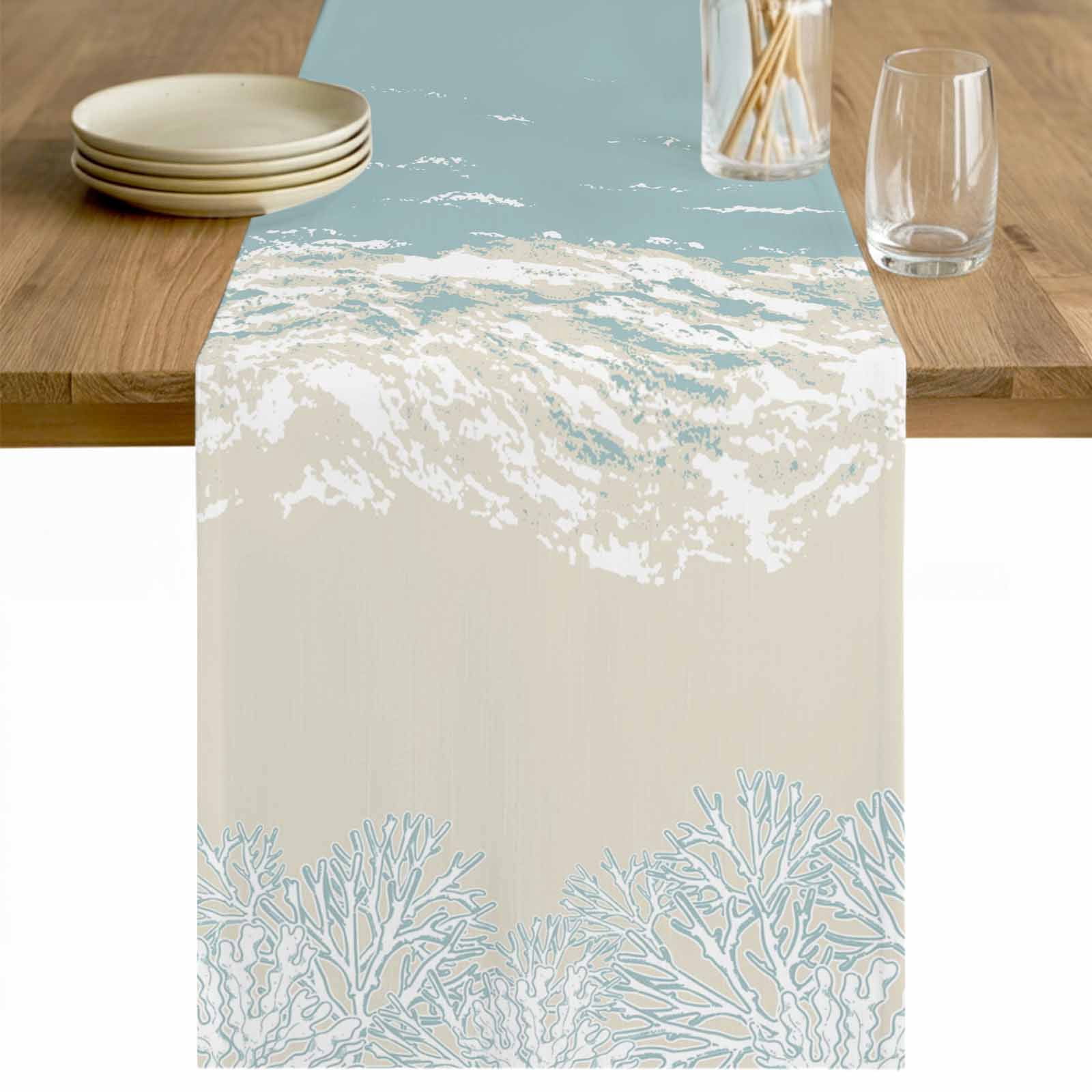 Blue Coastal Coral Table Runner - 90 Inch Long Summer Beach Ocean ...