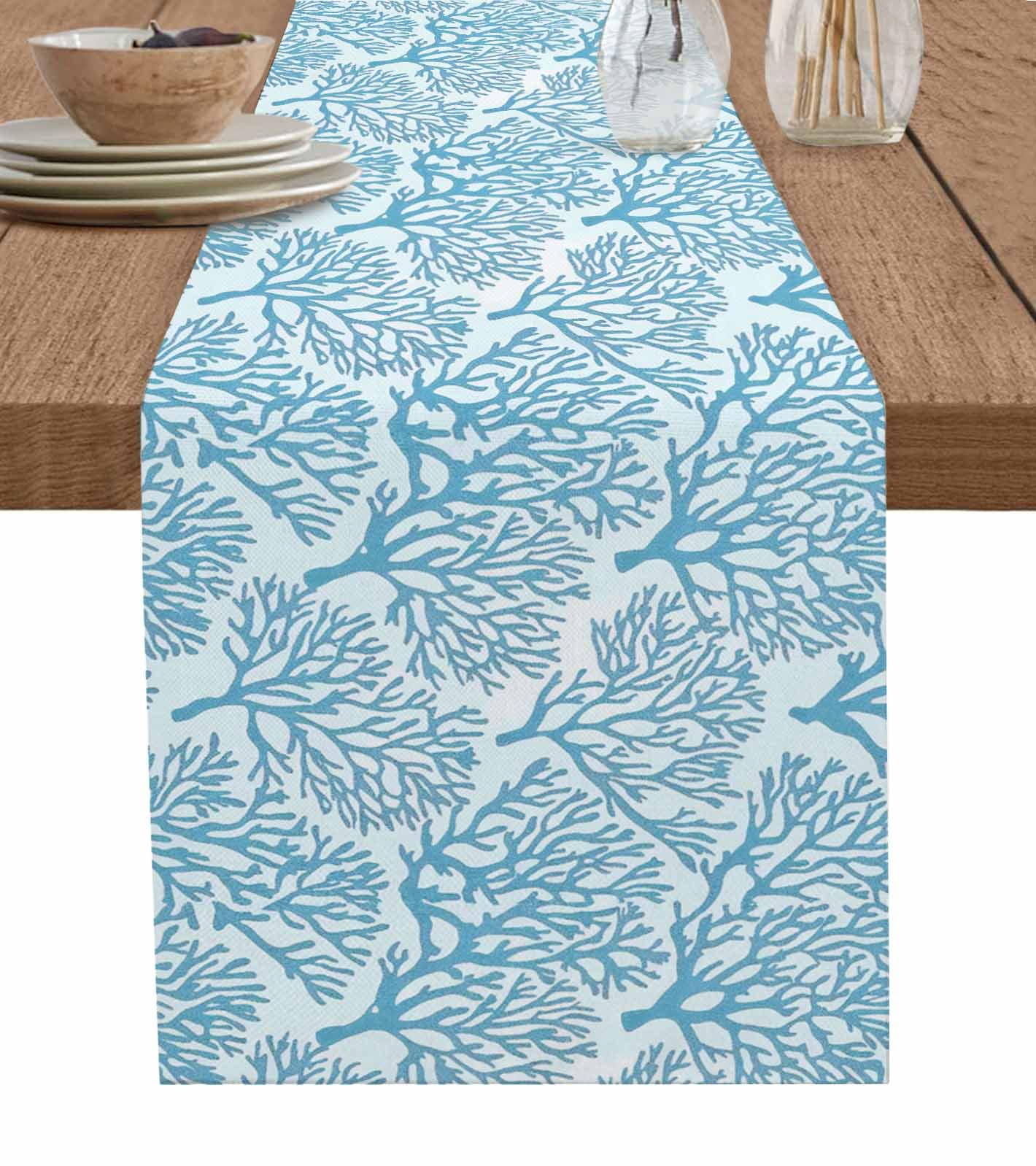 Blue Coastal Coral Table Runner Cotton Linen 120 Inch Holiday Dresser ...