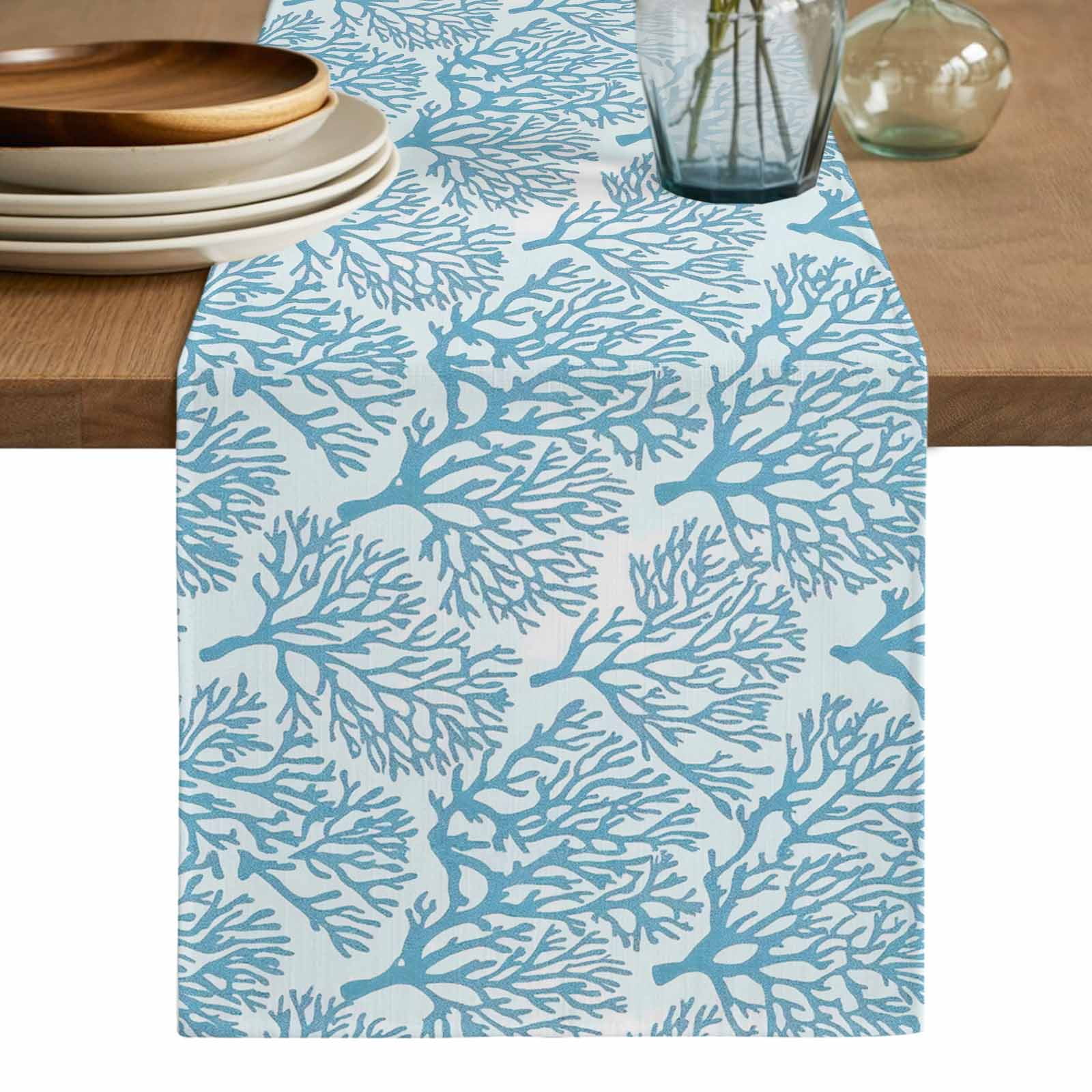 Blue Coastal Coral Table Runner, Farmhouse Nautical Marine Plants ...