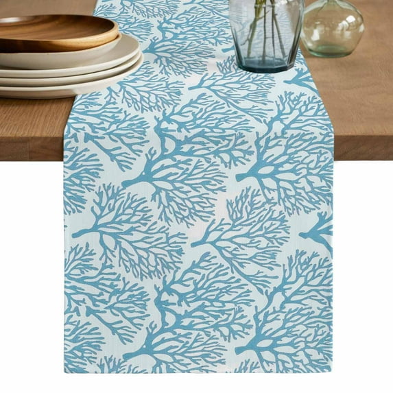 Blue Coastal Coral Table Runner, Farmhouse Nautical Marine Plants ...
