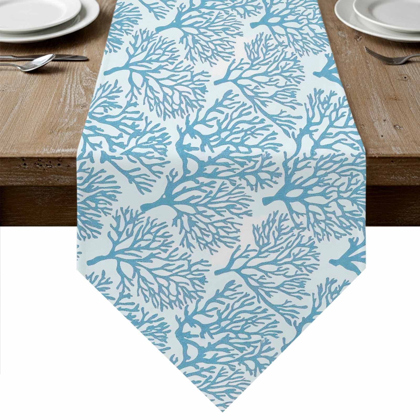 Blue Coastal Coral Table Runner Linen Burlap Table Runner 120 Inches ...